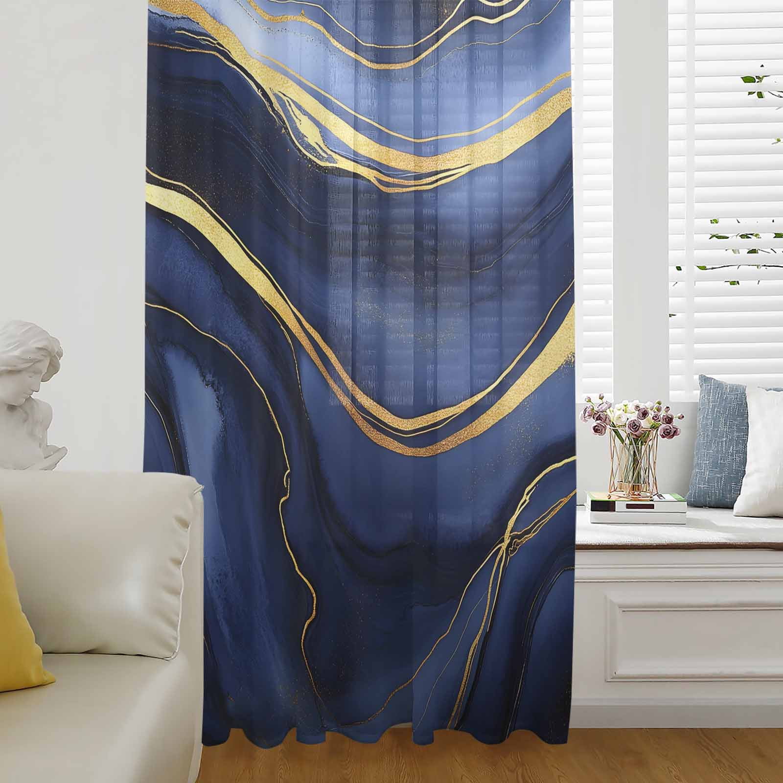 Marble Navy Blue Window Curtain 96 Inches Long,Modern Golden Ombre ...