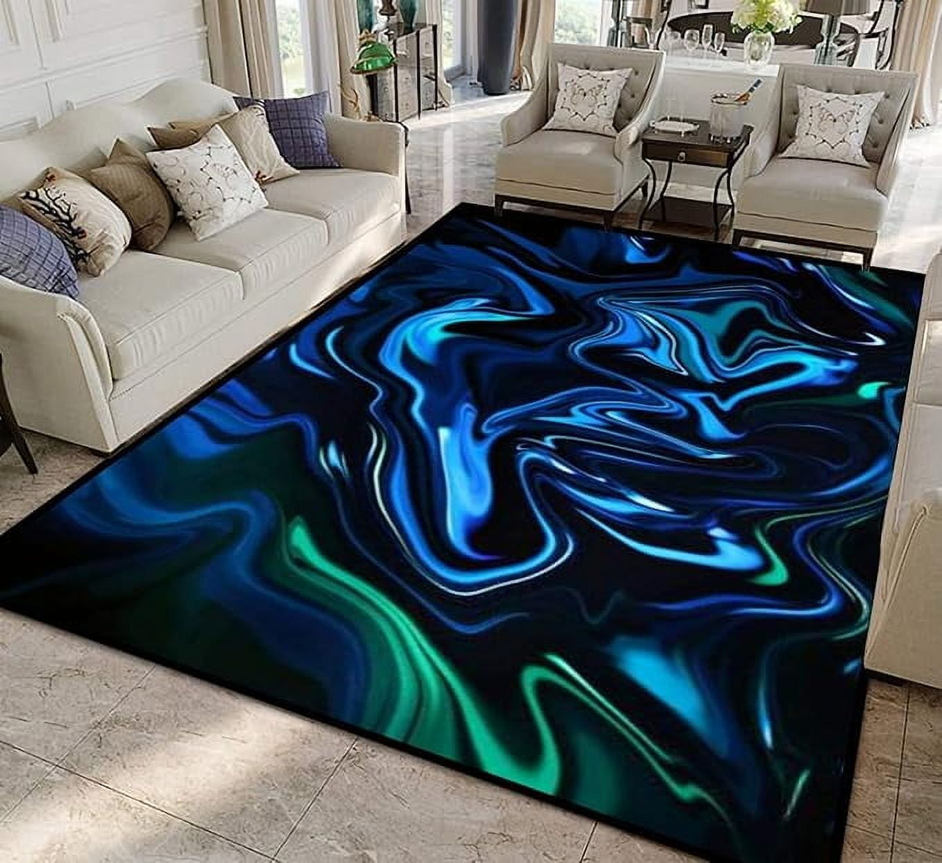 Marble Neon Blue Green Abstract Texture On Black Art Rugs Soft Non-Slip ...