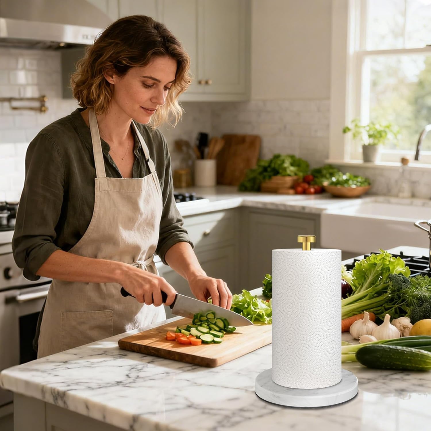 Marble Paper Towel Holder Countertop, Stainless Steel, One-Handed Tear ...