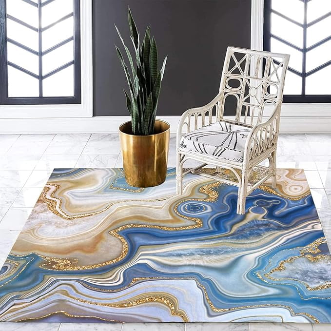 Marble Pattern Area Rugs Blue Tan Gold Abstract Modern Rug For Living ...