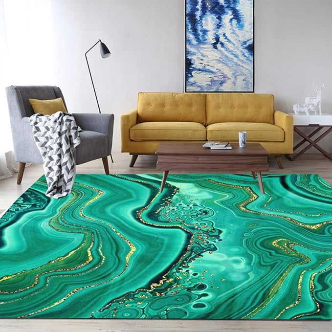 Marble Pattern Modern Abstract Green Gold Area Rug For Living Room ...
