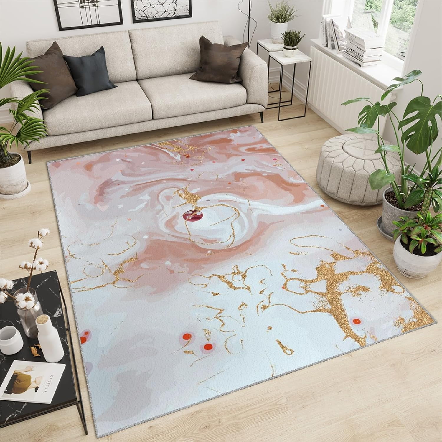 Marble Pink Machine Washable Area Rugs For Living Room, Non-Slip Rug ...