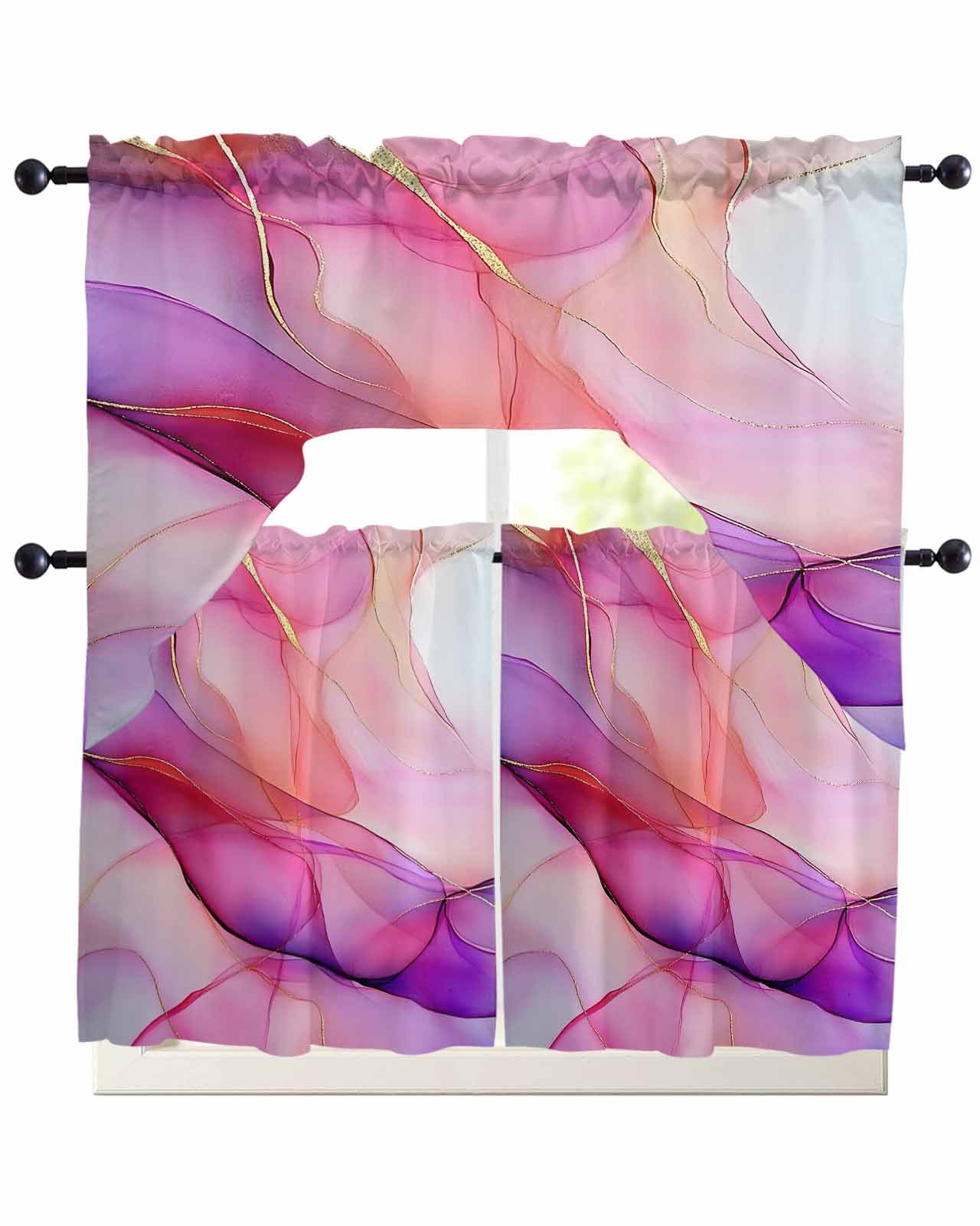 Marble Pink Purple Swag Valance and Tier Curtains Set Gradient Liquid ...