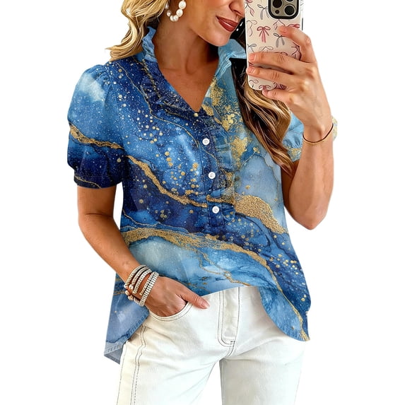 Marble Puff Short Sleeve Summer Tops Plaid Print Ruffle V Neck Button ...