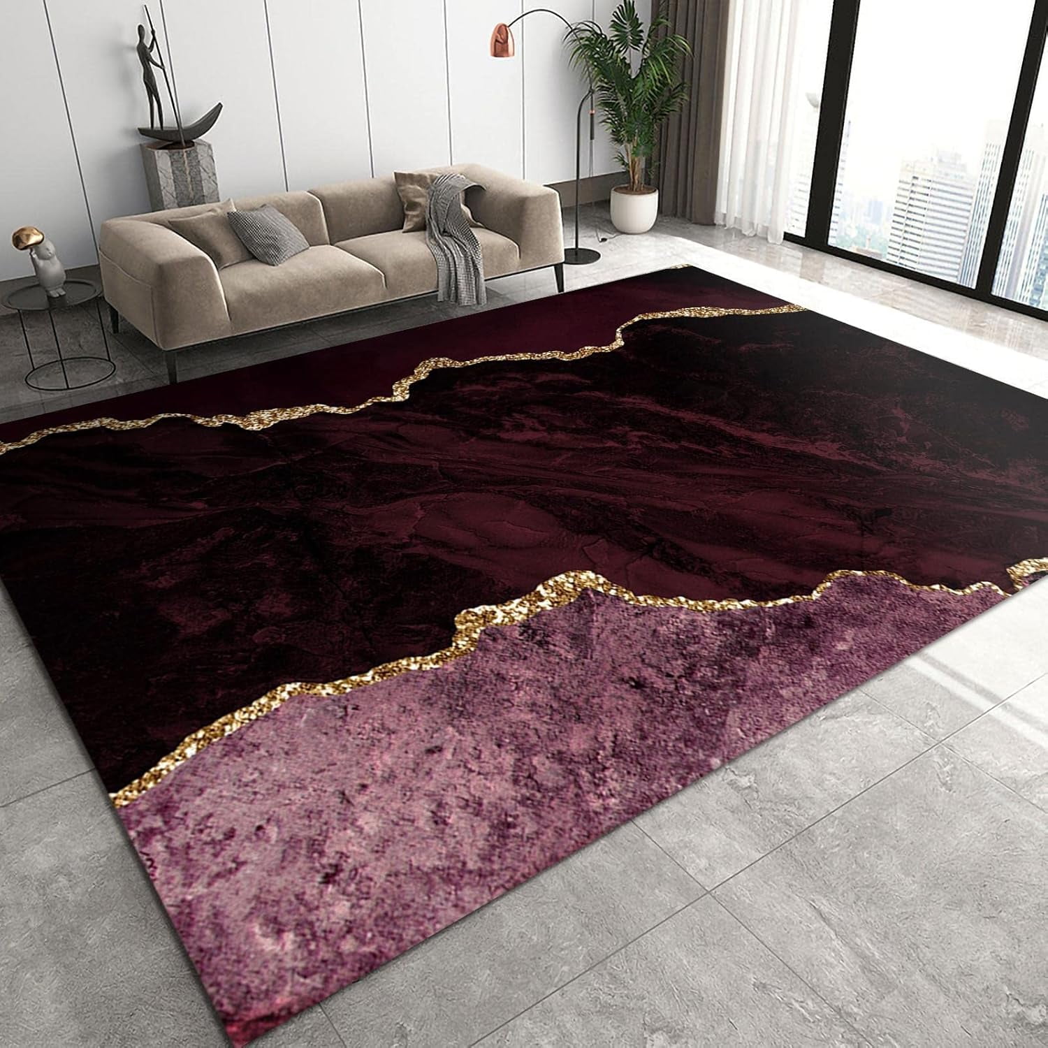 Marble Purple Gradient Texture Area Rugs, Golden Fluid Art Large Rug ...