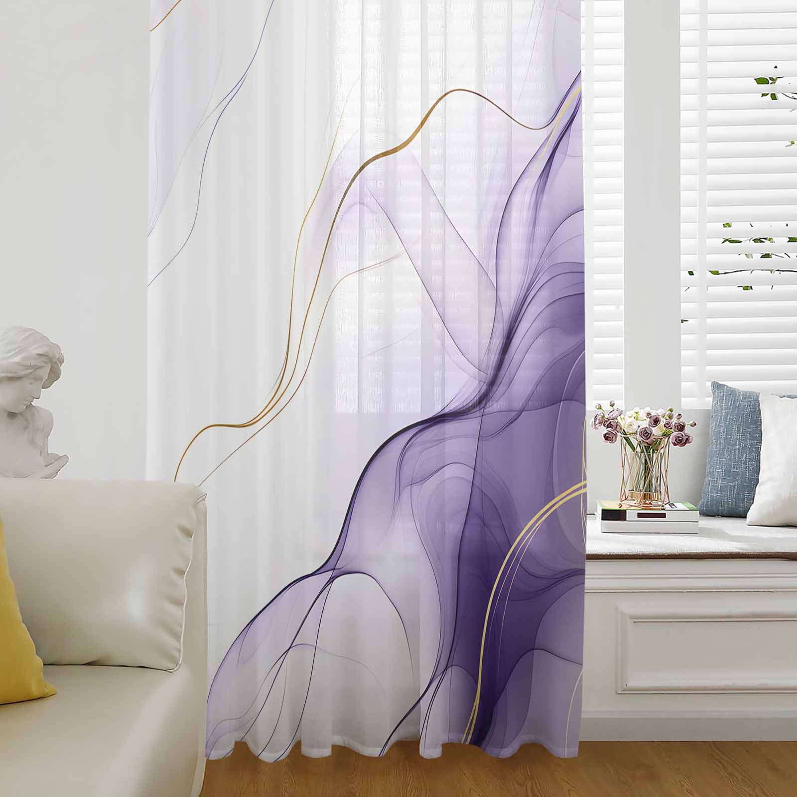 Marble Purple Window Curtain 72 Inches Long,Gold White Modern Gradient ...