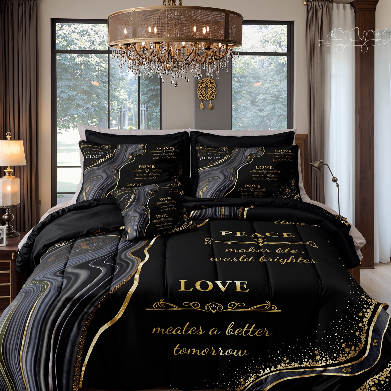 Marble Queen Comforter Set with Sheets,8 Pieces Black and Gold Queen ...