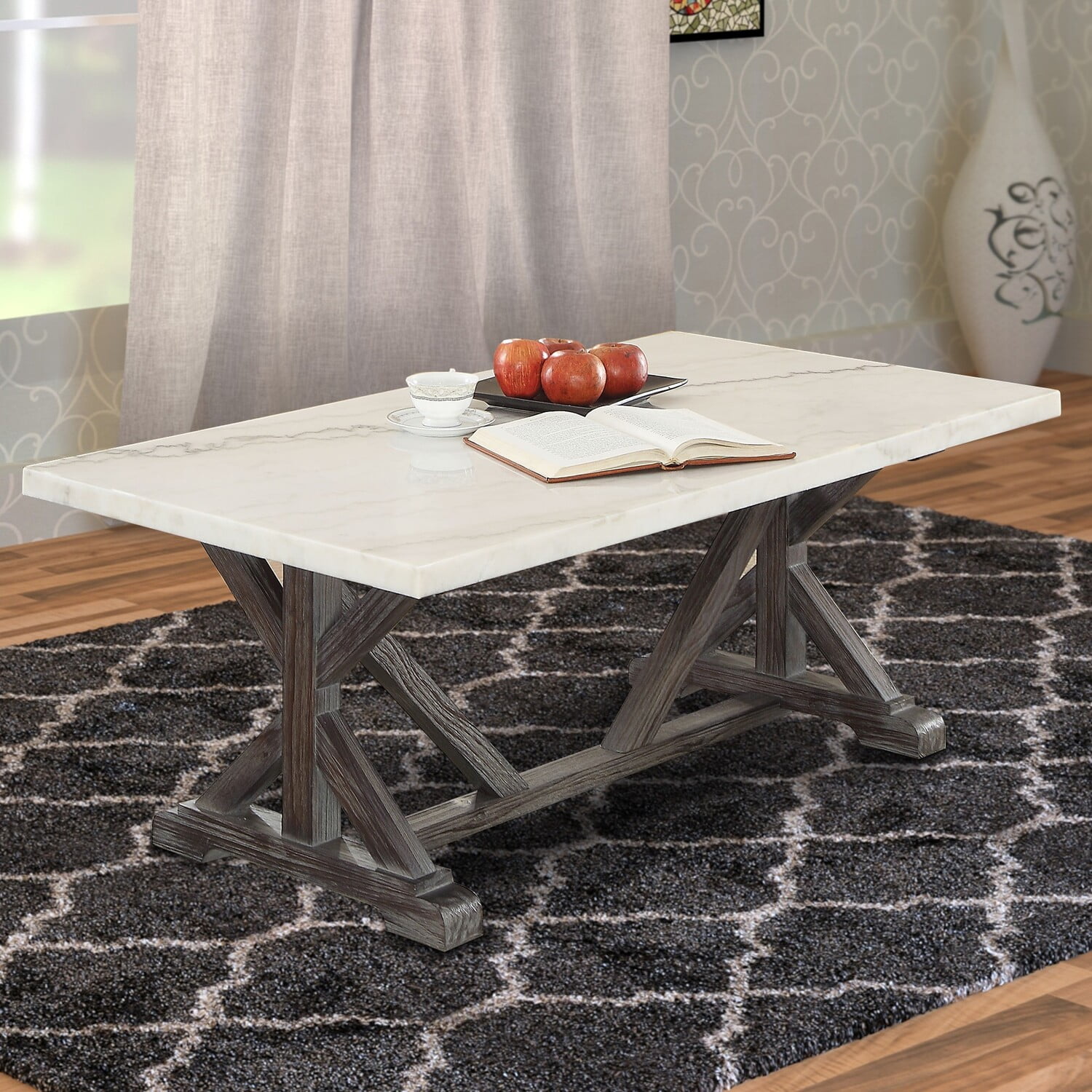 Marble Rectangle Shaped Coffee Table Wooden Trestle Base in White ...