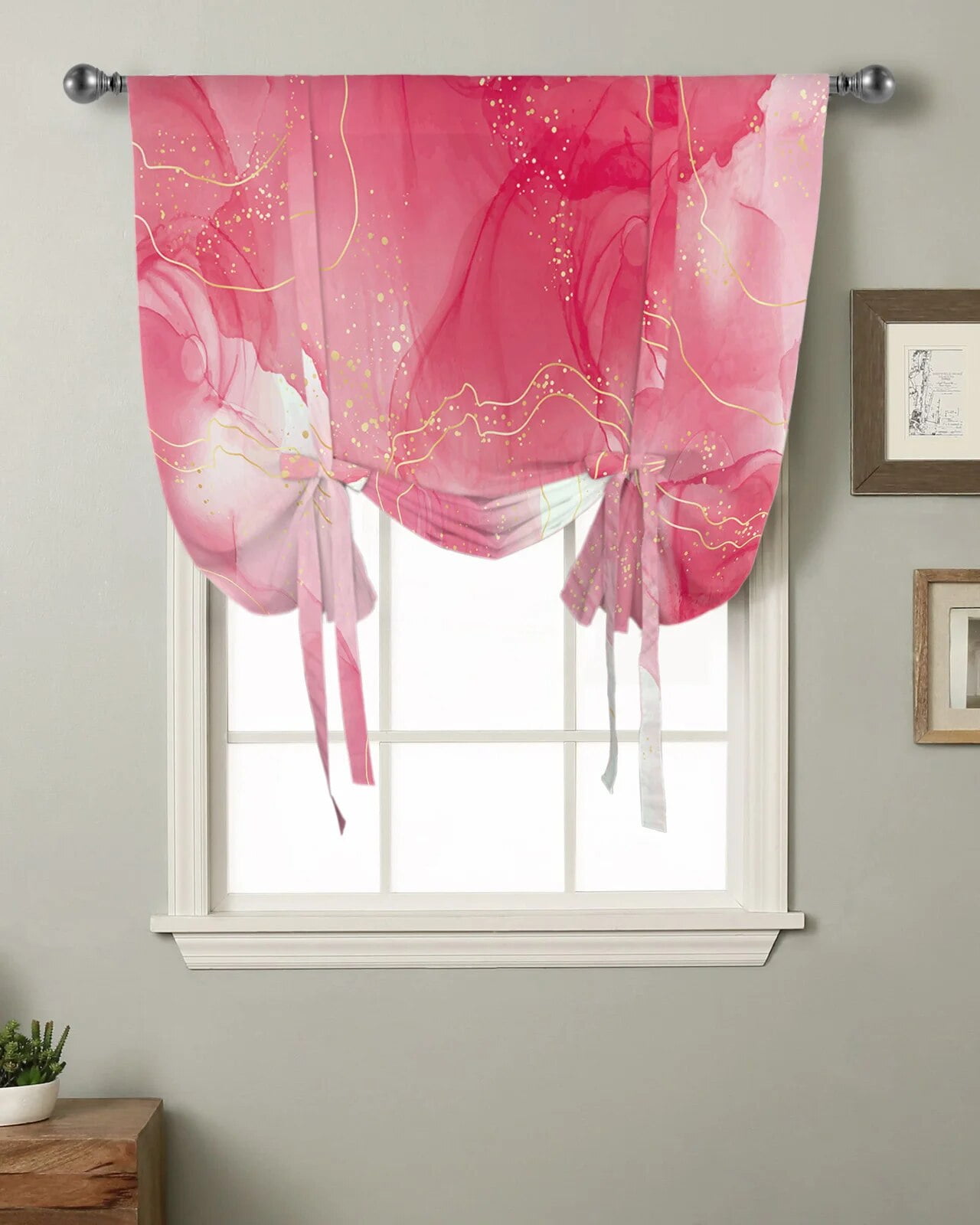 Marble Red Gradient Kitchen Short Window Curtain Rod Pocket Curtains ...