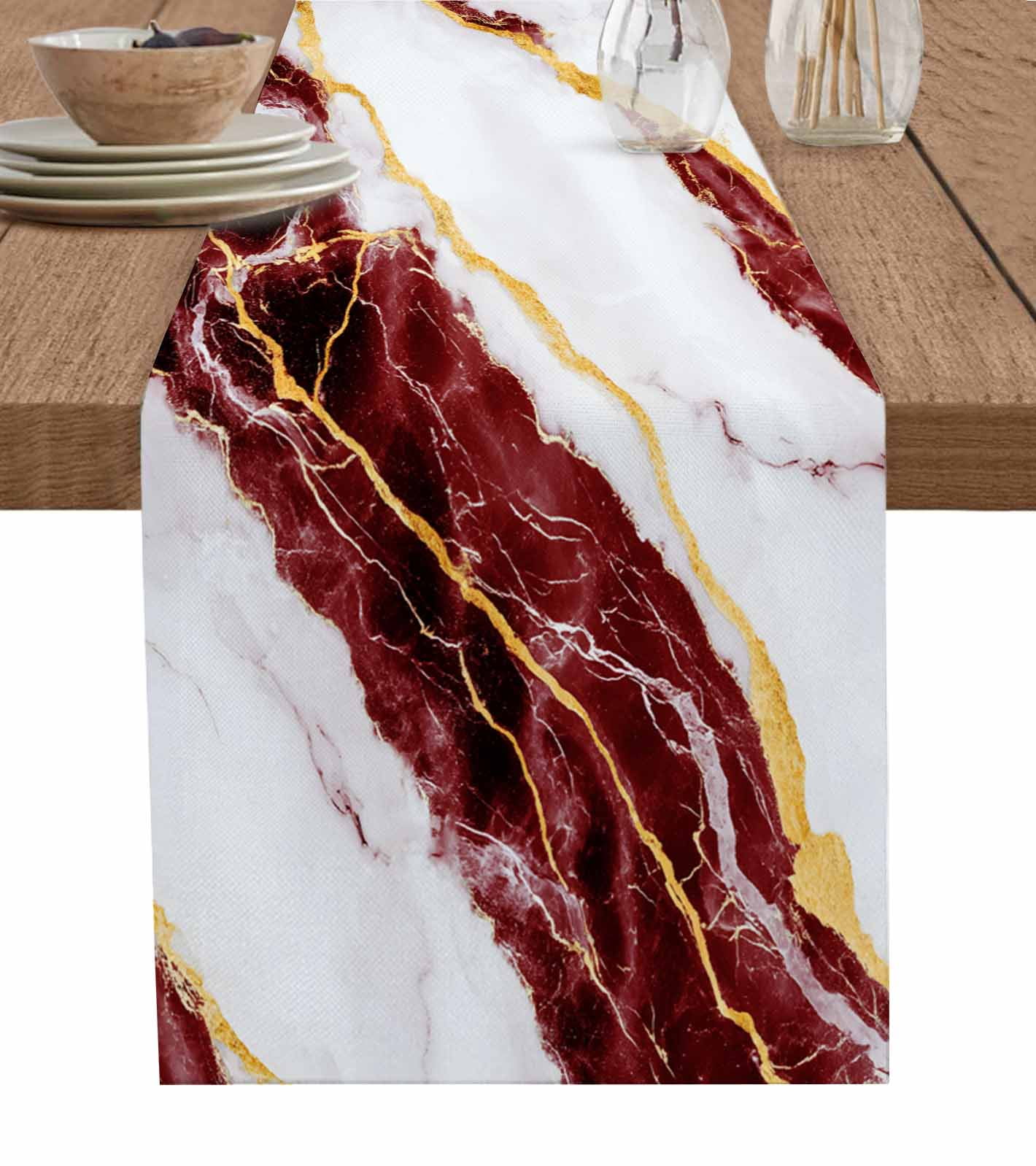 Marble Red Table Runner 72 Inches, Gold Foil Ceramic Style Cracks ...