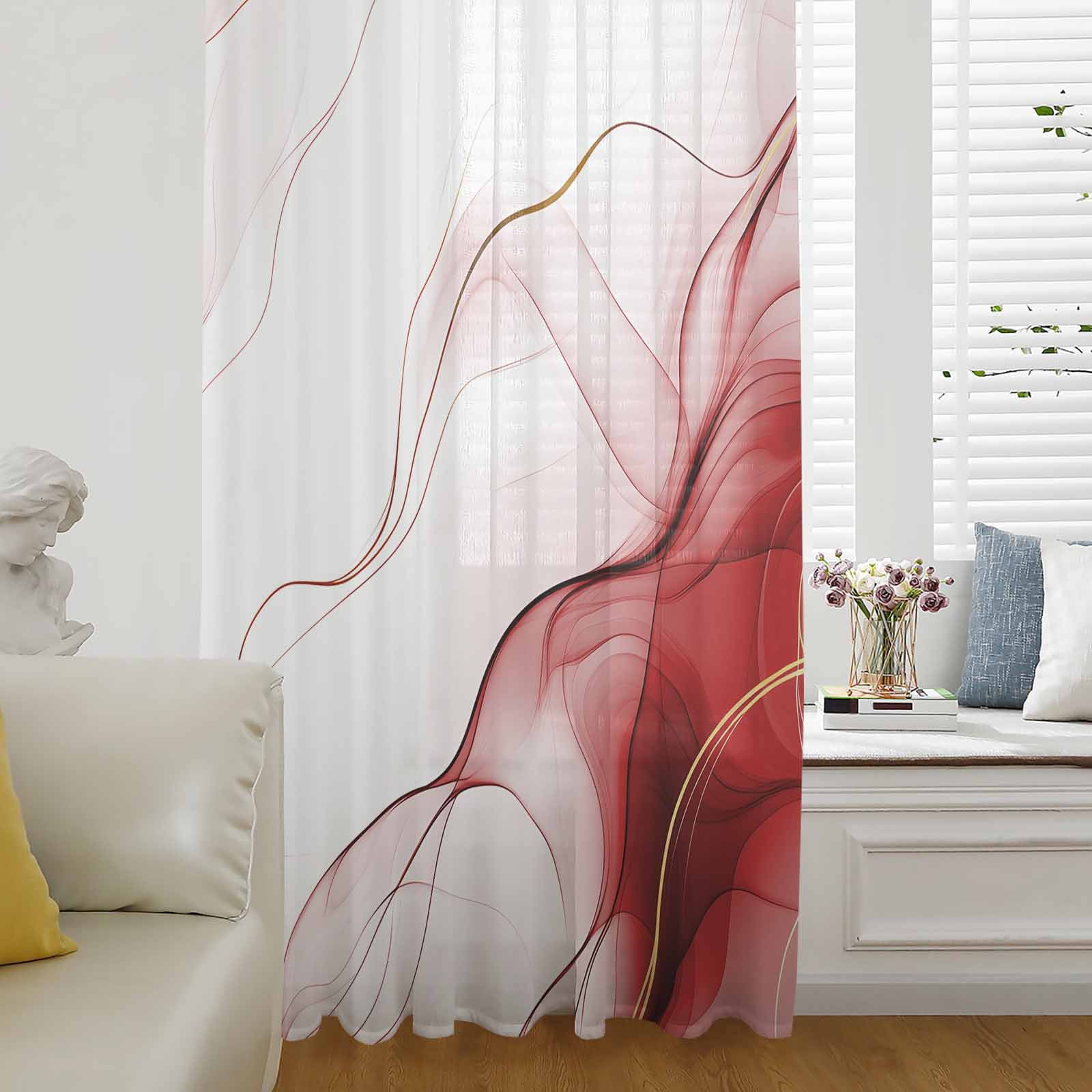 Marble Red Window Curtain 108 Inches Long,Gold White Modern Gradient ...
