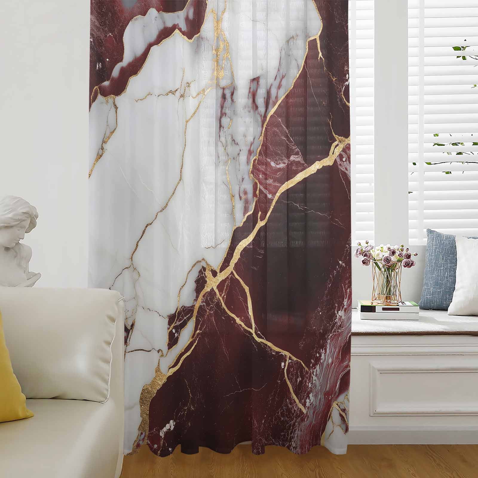 Marble Red Window Curtain 108 Inches Long,Modern Abstract Gold White ...