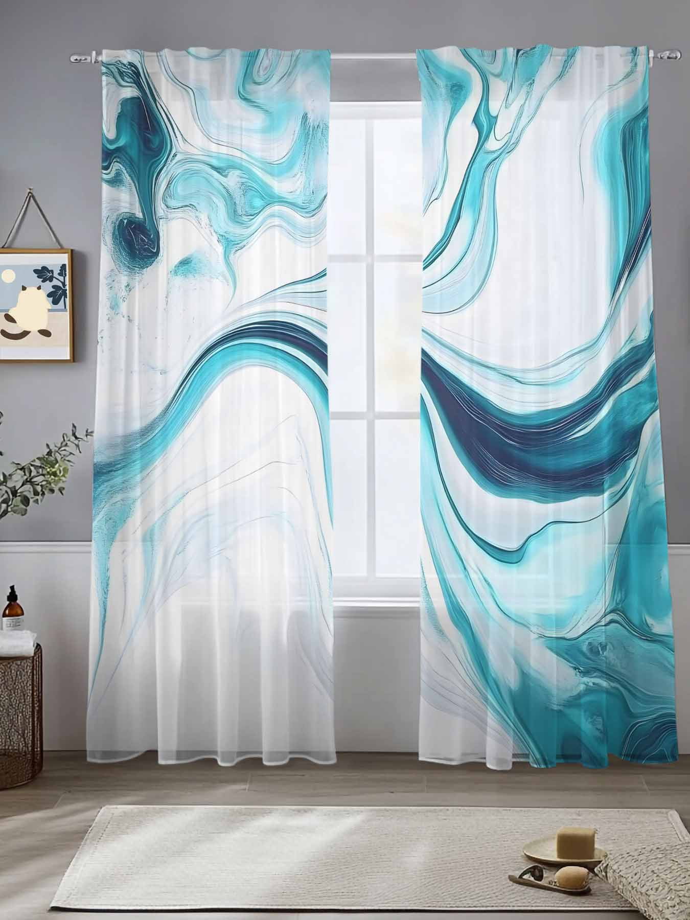 Marble Ripple Sheer Curtains for Living Room Bedroom Blue White Marble ...