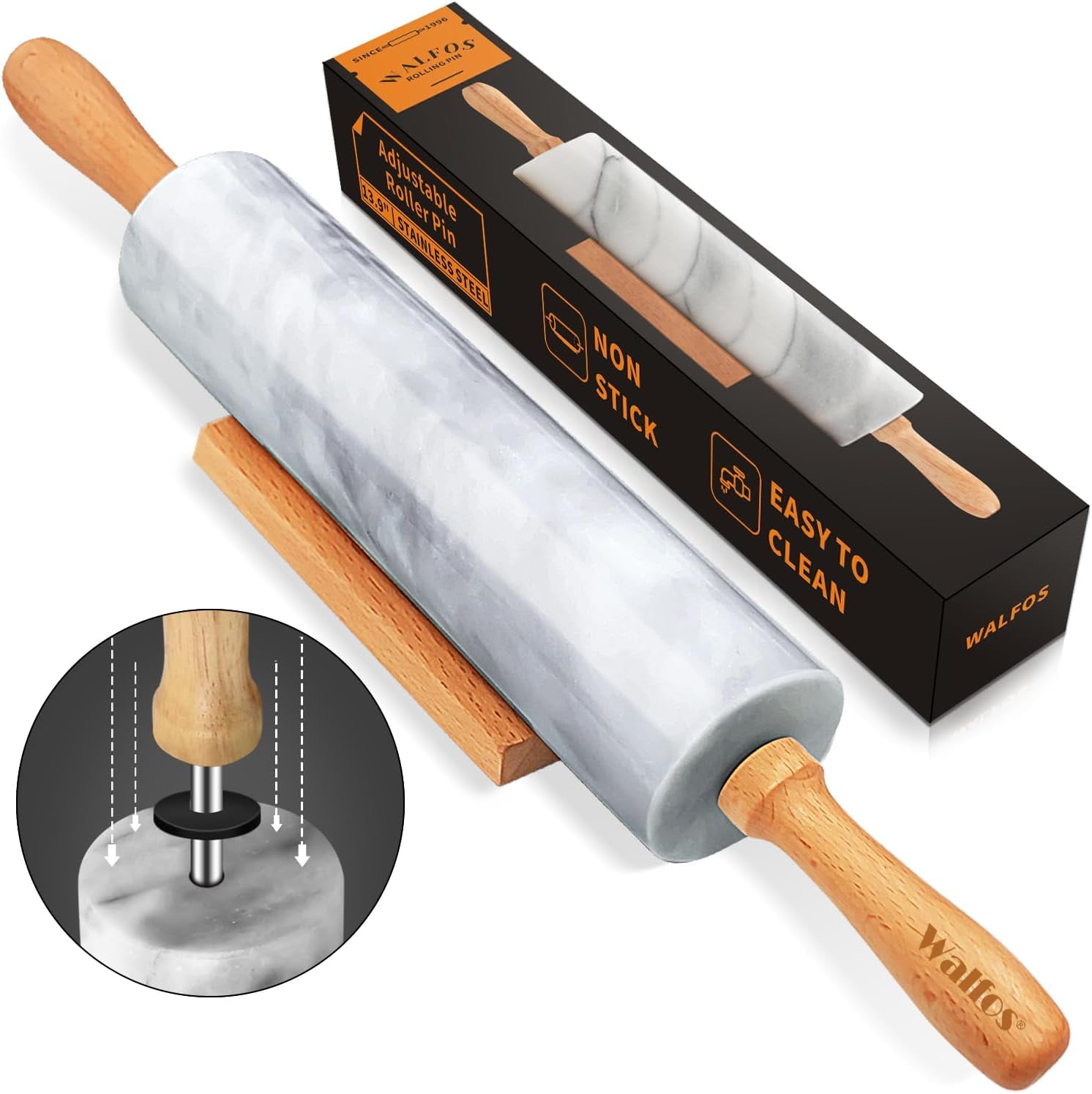 Marble Rolling Pin With Wooden Handles & Wood Cradle, Inch Marble ...