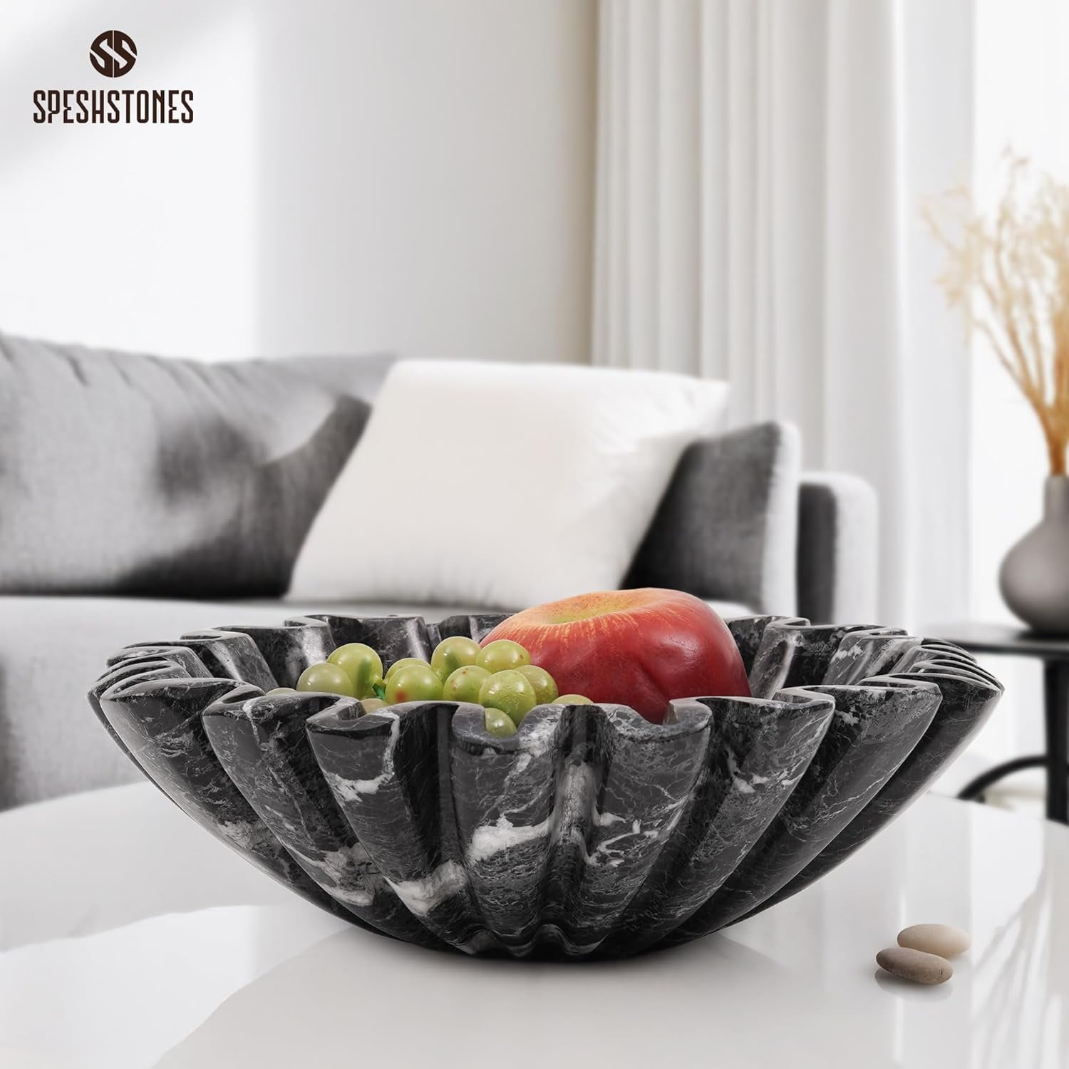Marble Ruffle Bowl 10 Inch Black Large Decorative Fruit Bowl for ...