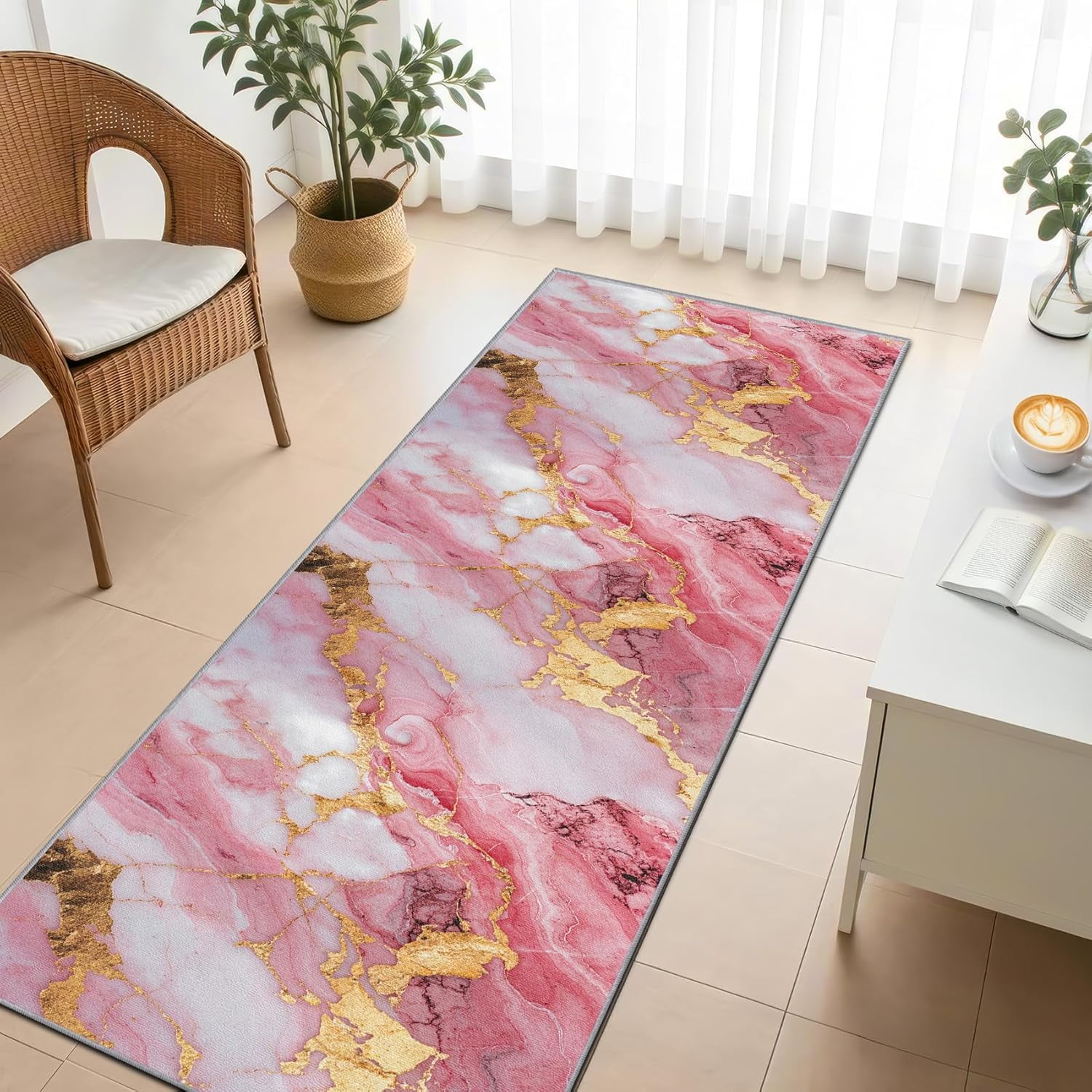 Marble Runner Rug, 2x6ft, Purple and Gold Runners for Hallways ...