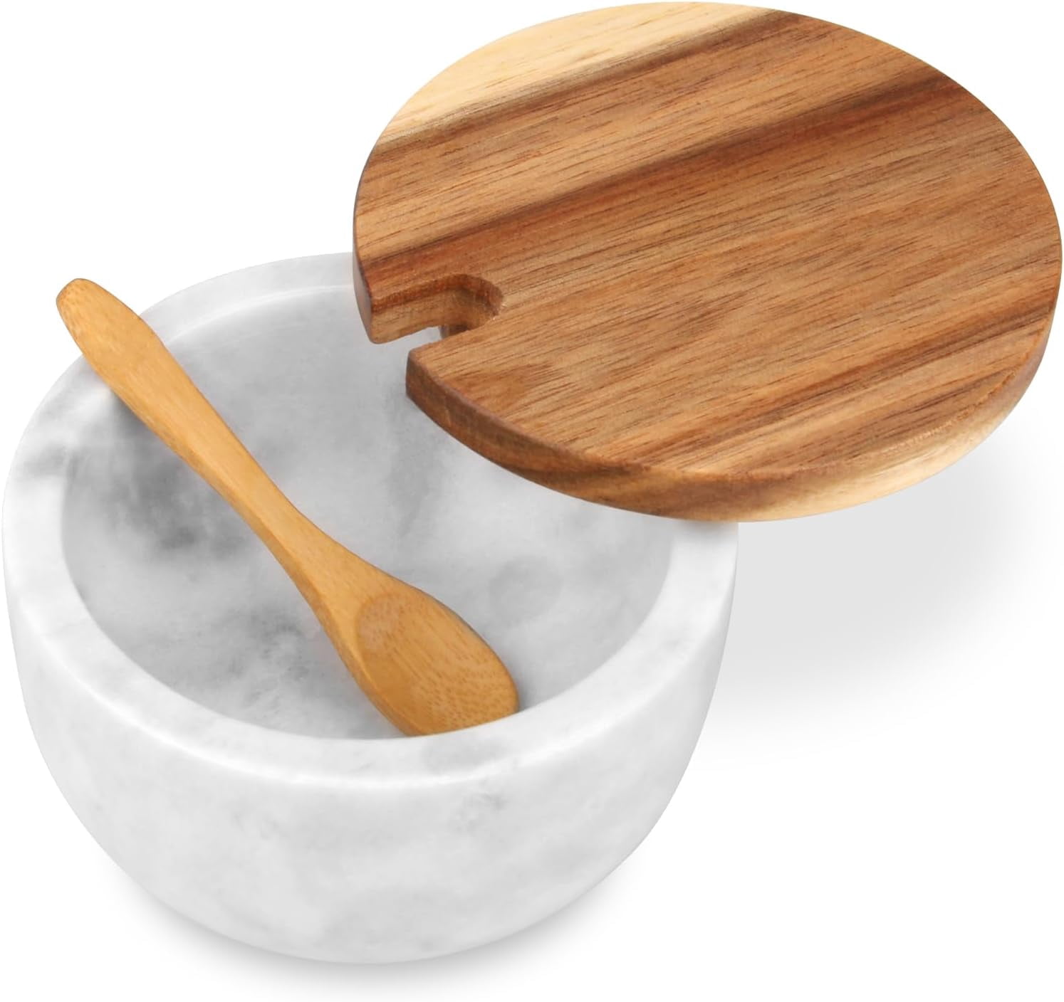 Marble Salt Cellar Box with Wood Lid & Spoon, Modern White Stone Salt ...