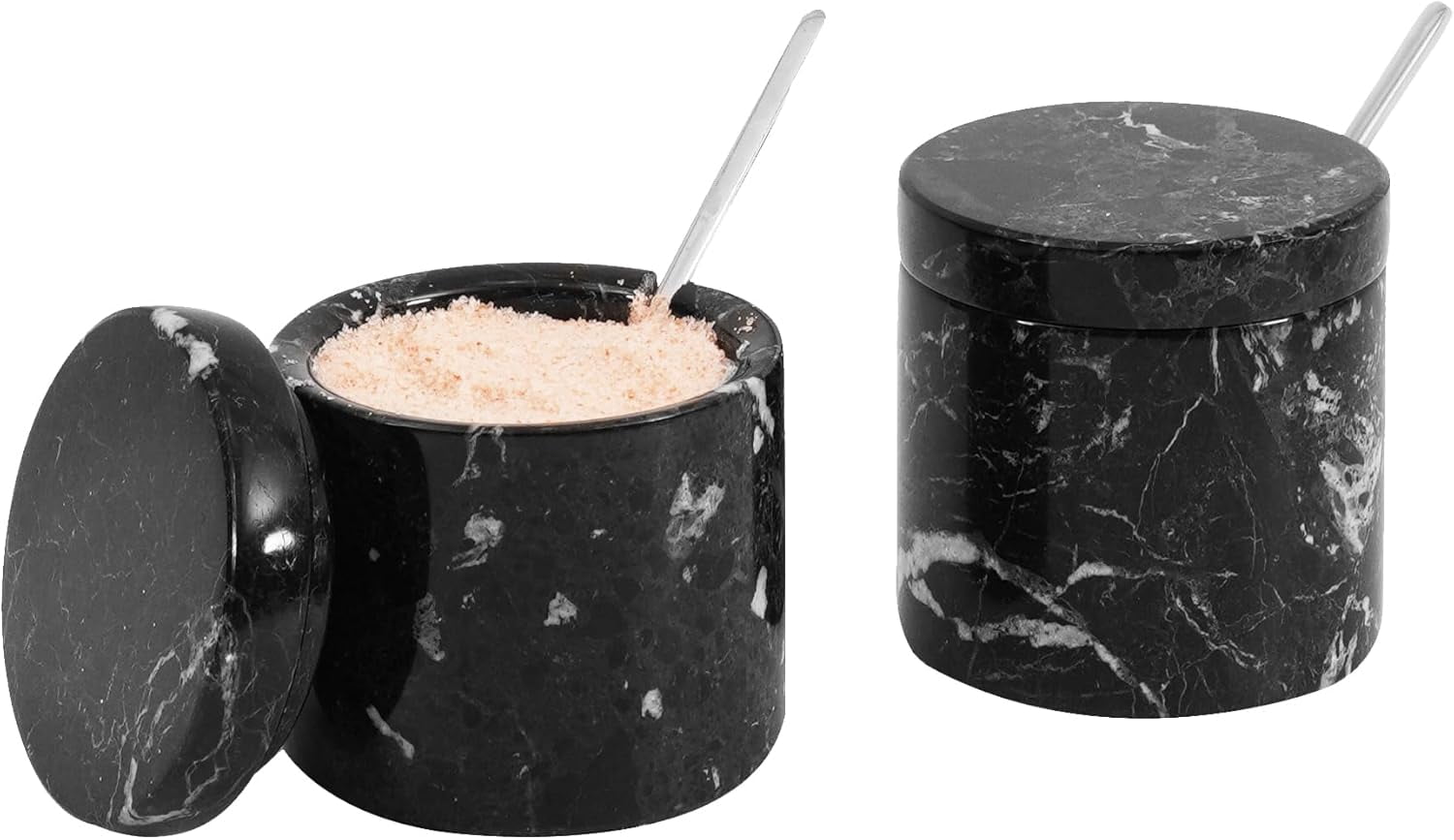 Radicaln Marble Salt Cellar with Lid and Spoon 3" Black Handmade Salt ...