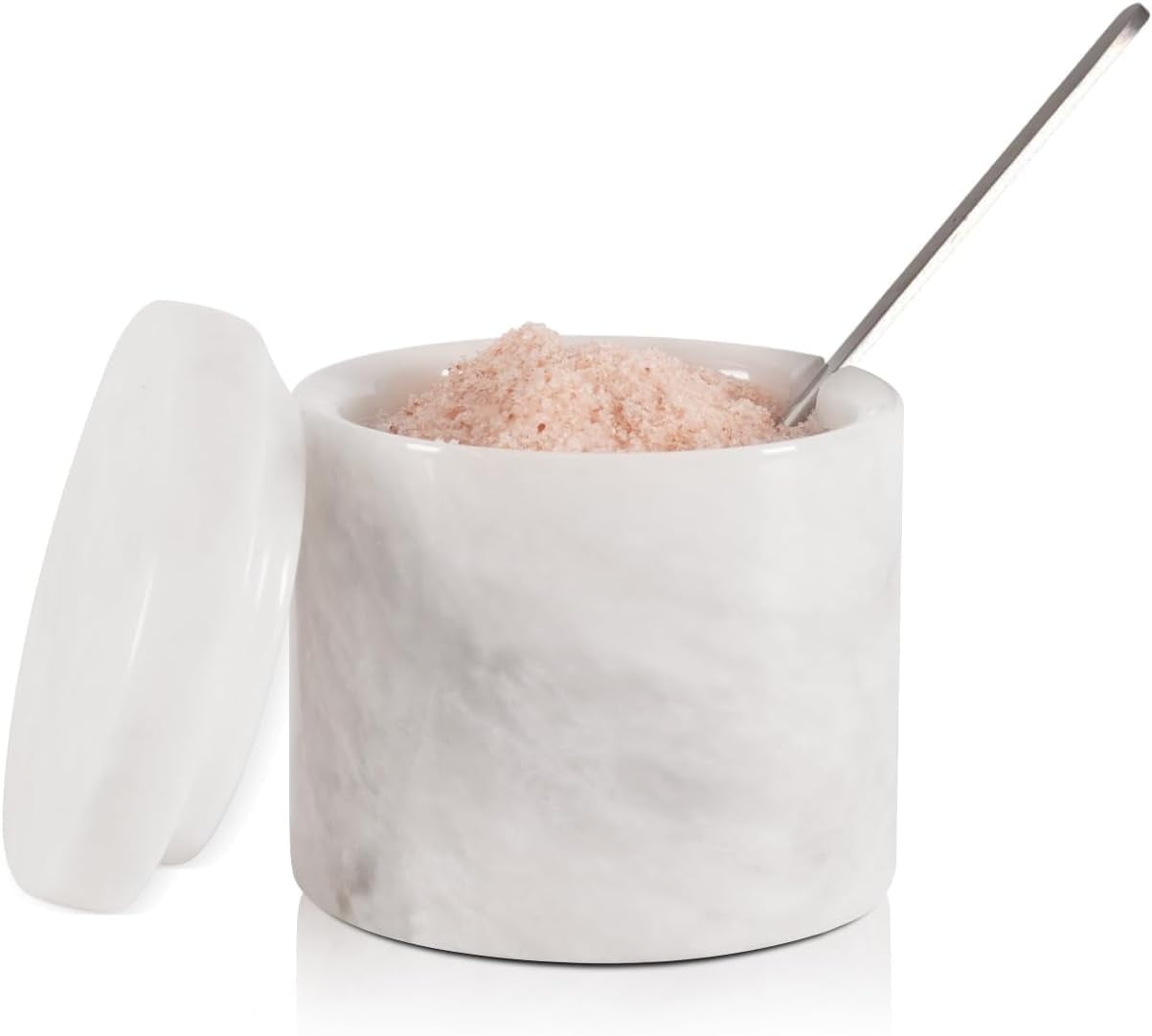 Radicaln Marble Salt Cellar with Lid and Spoon 3" White Handmade Salt ...