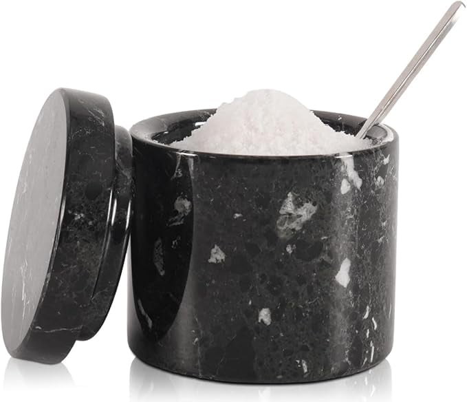 Radicaln Marble Salt Cellar with Lid and Spoon 3" Black Handmade Salt ...