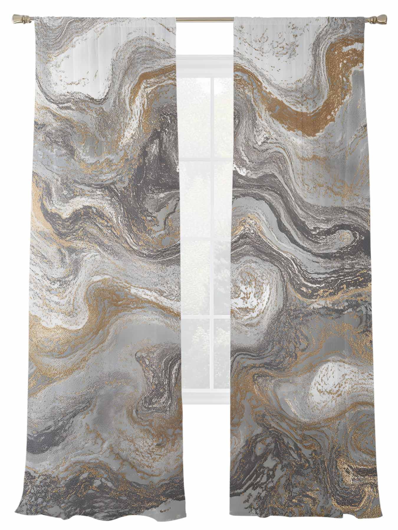 Marble Sheer Curtains 84 Inch Long 2 Panels, Abstract Fluid Art Grey ...