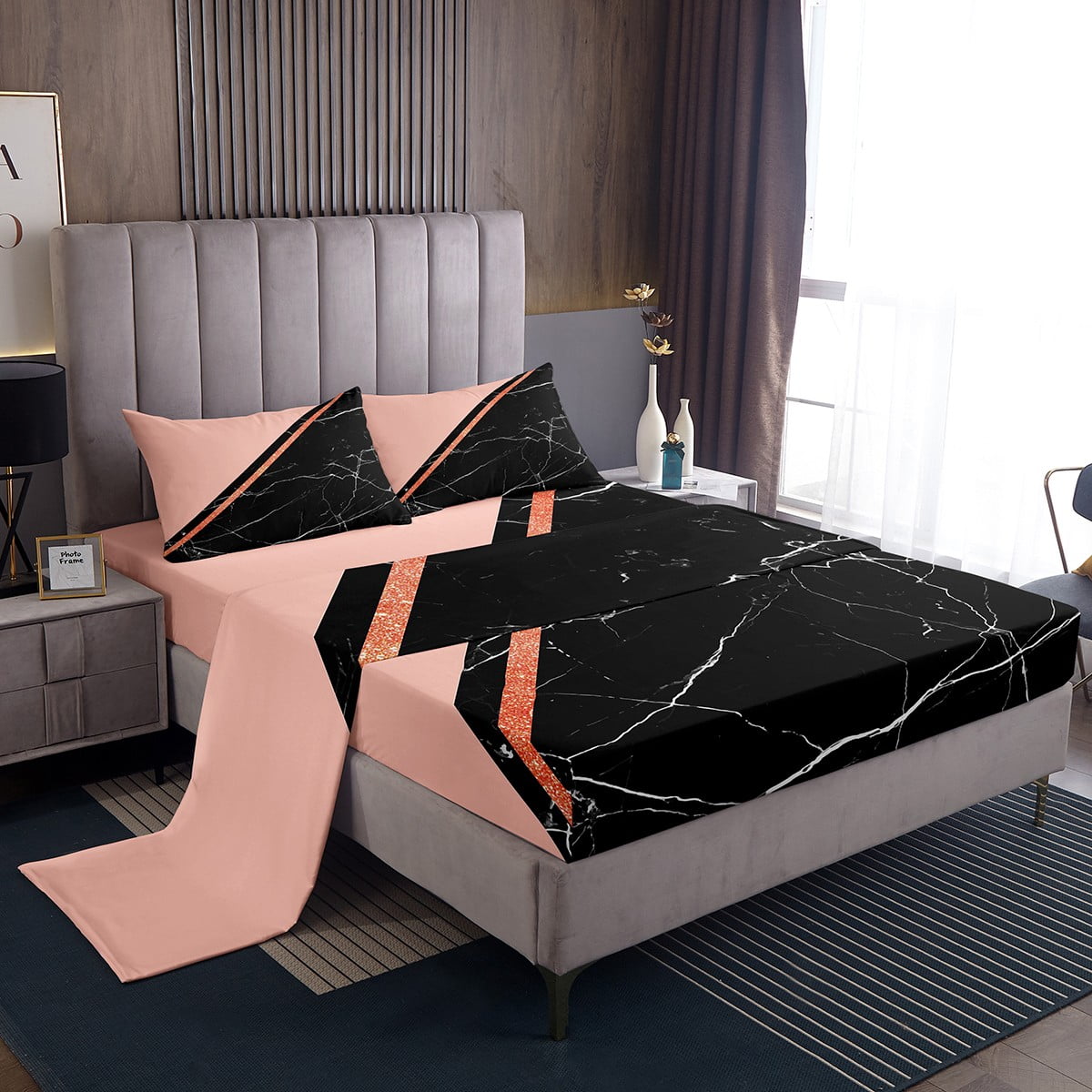 Marble Sheet Set Black Pink Stripes Geometric Bed Sheets King Size,Gold ...