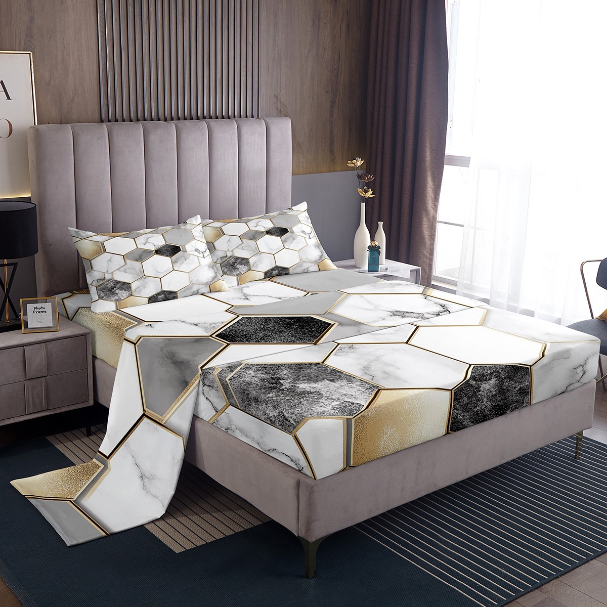 Marble Sheets King Size Teens Golden Metallic Bed Sheets Set Geometric ...