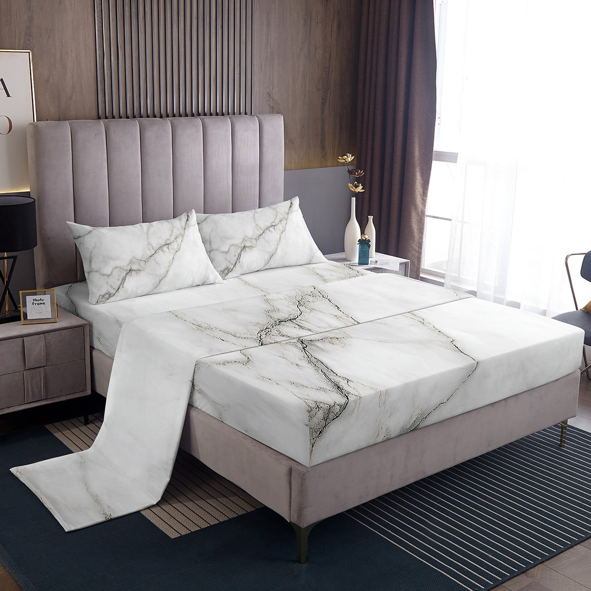 Marble Sheets Stone Pattern Bed Sheets Set White Grey Marble Print ...