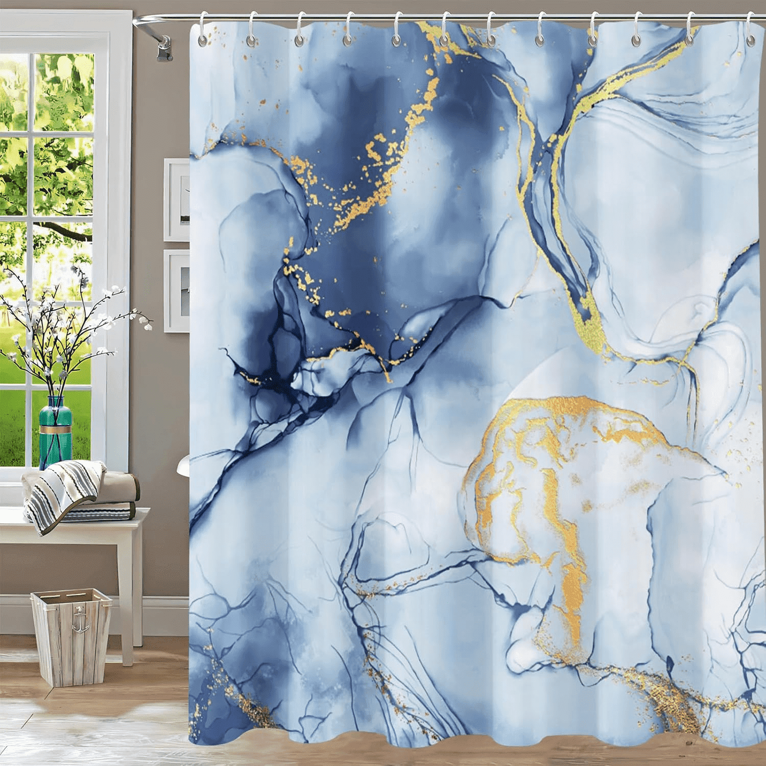 Marble Shower Curtain, Abstract Blue Marble Bath Curtain with 12 Hooks ...