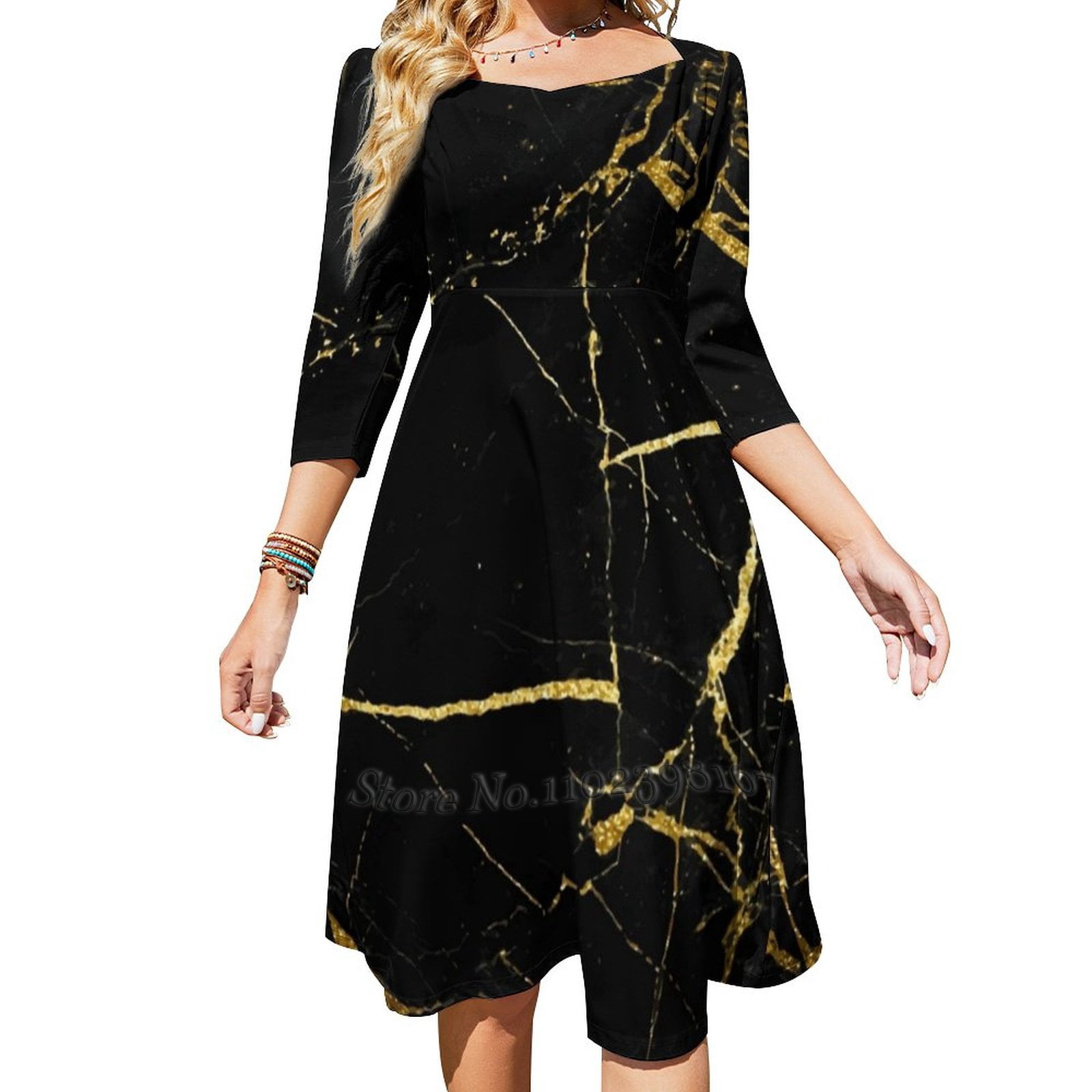 Marble Square Neck Dress Sweet Summer Dress Women Elegant Halter Print ...