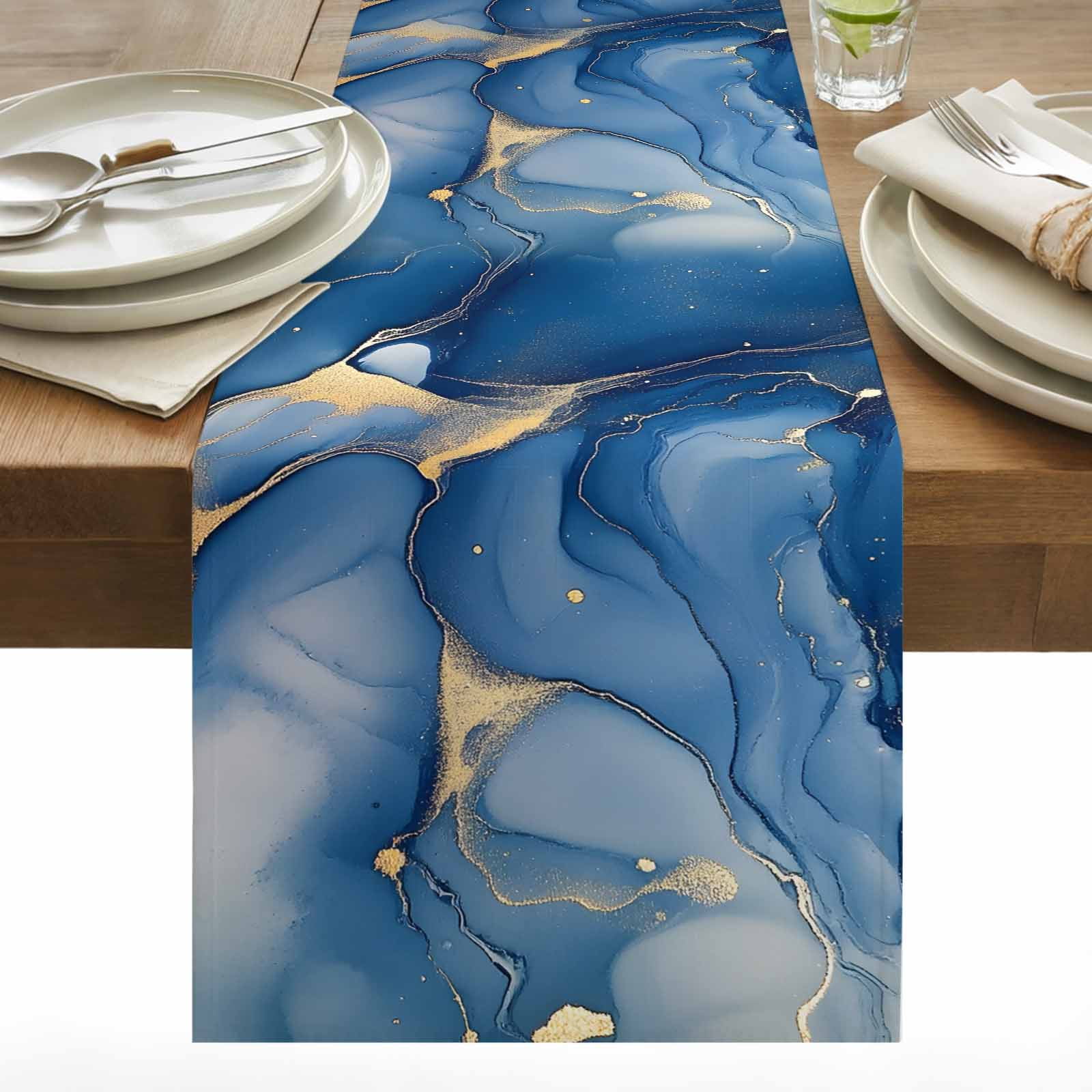 Marble Stone Table Runner 13x120 inch Texture Abstract Blue Golden ...