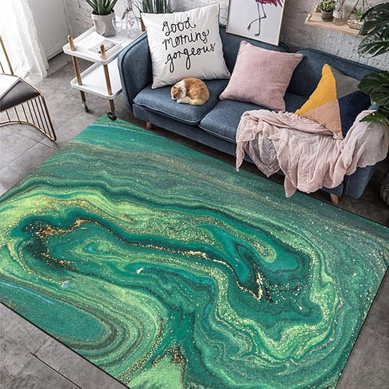 Marble Swirl Liquid Emerald Green Gold Area Rug For Living Dining Room ...