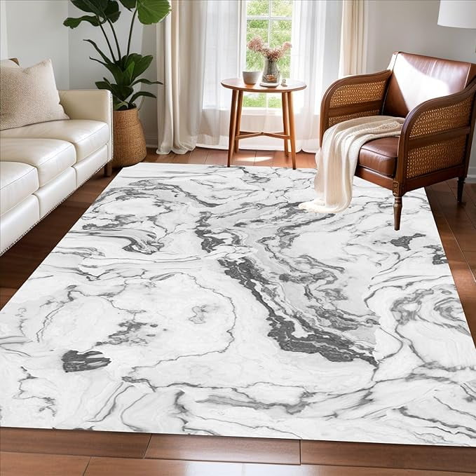 Marble Swirl Liquid Texture Grey Area Rug Washable Rugs For Bedroom ...
