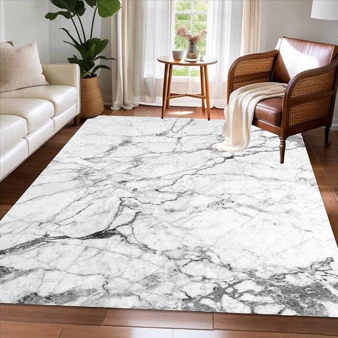 Marble Swirl Liquid Texture Grey White Area Rug, Washable Rugs For ...
