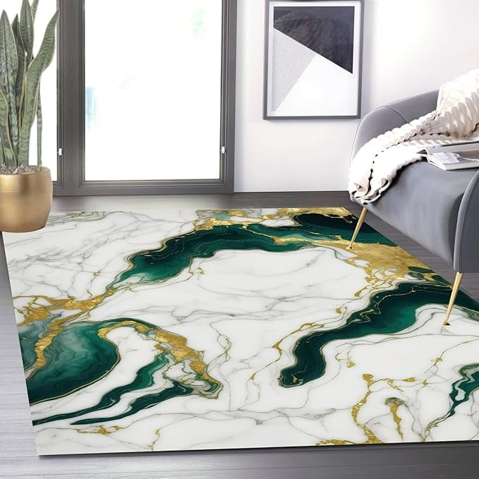 Marble Swirl Modern Abstract Emerald Green Grey Gold Area Rug For ...
