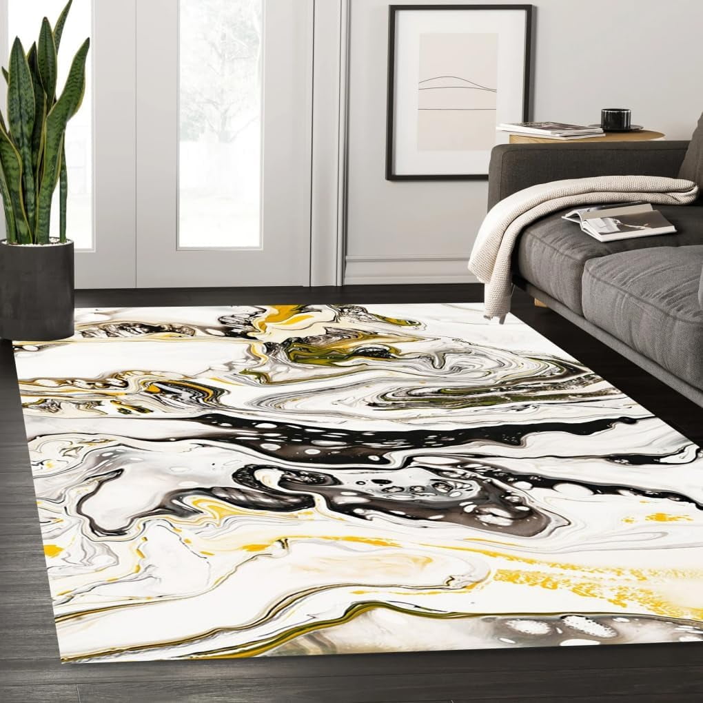 Marble Swirl Modern Abstract Grey Yellow Washable Area Rugs ...