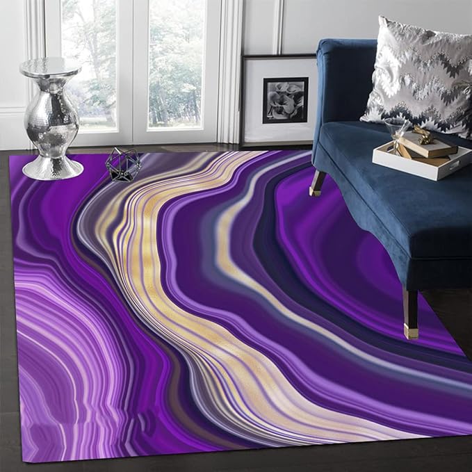 Marble Swirl Modern Abstract Purple Gold Area Rug For Living Room ...