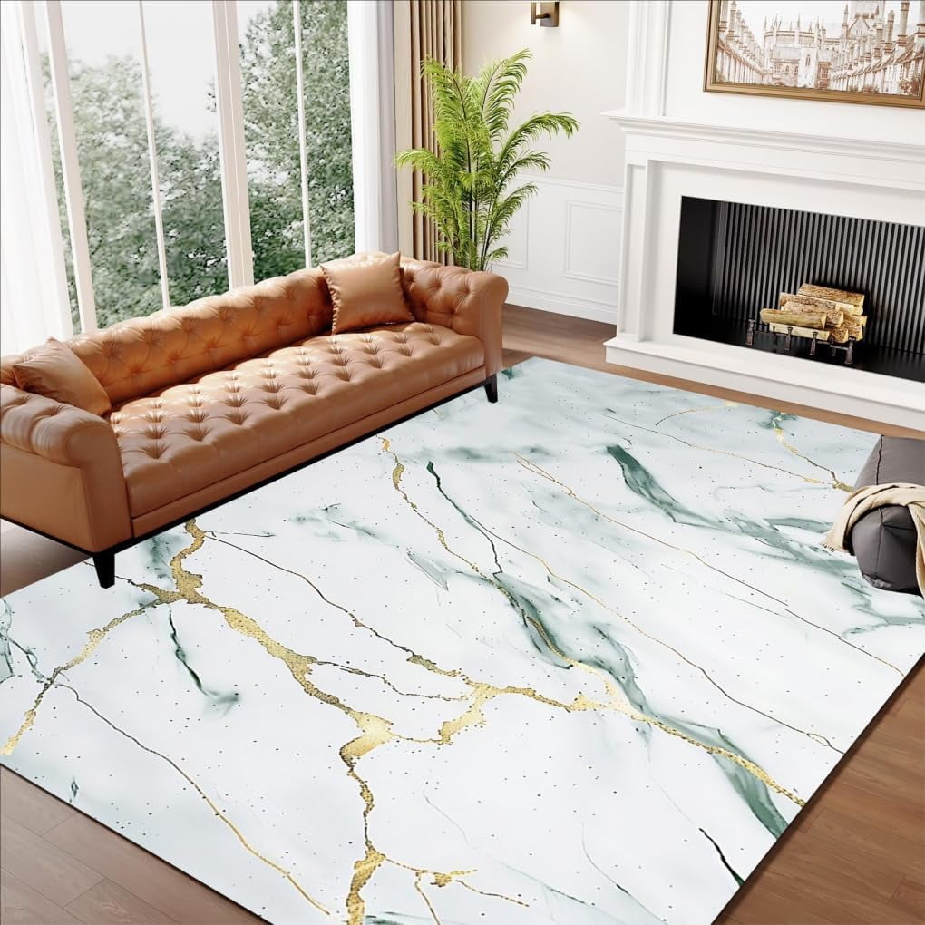 Marble Swirl Pattern Gold Grey Rug For Living Room Bedroom Diningroom ...