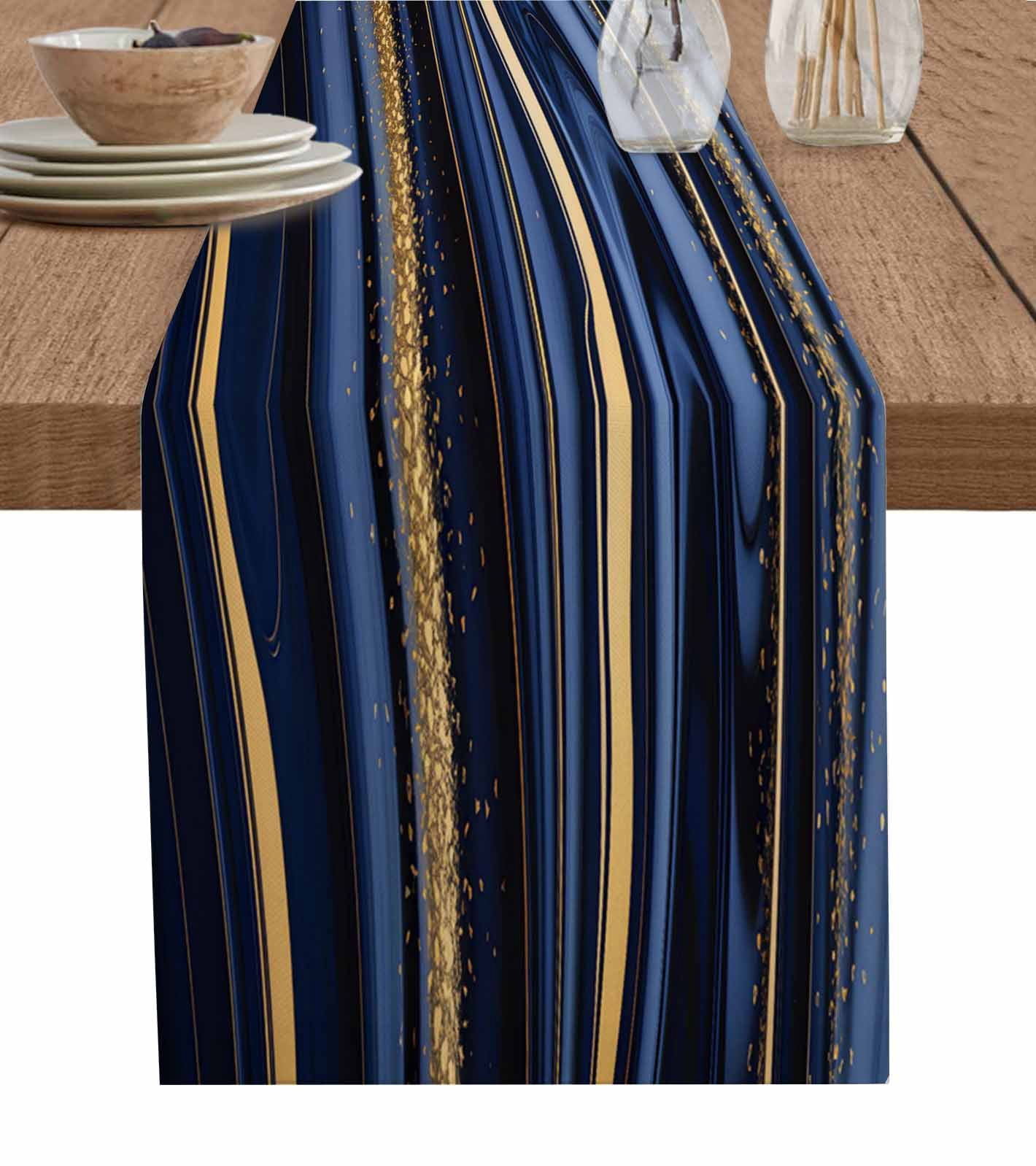 Marble Table Runner 120 Inches, Navy Blue Modern Abstract Gold Gradual ...