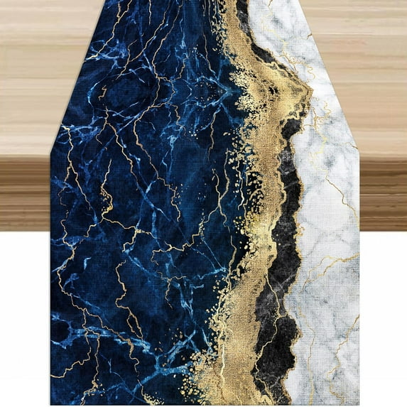Marble Table Runner,Blue Gold Abstract Marble Texture Geometric Texture ...