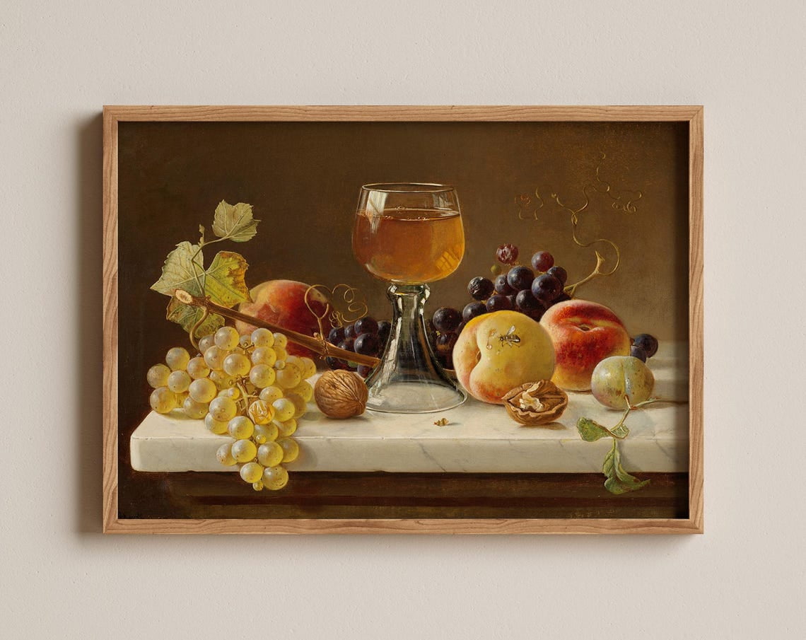 Marble Tabletop With Fruit And Wineglass Print, Classic Still Life ...