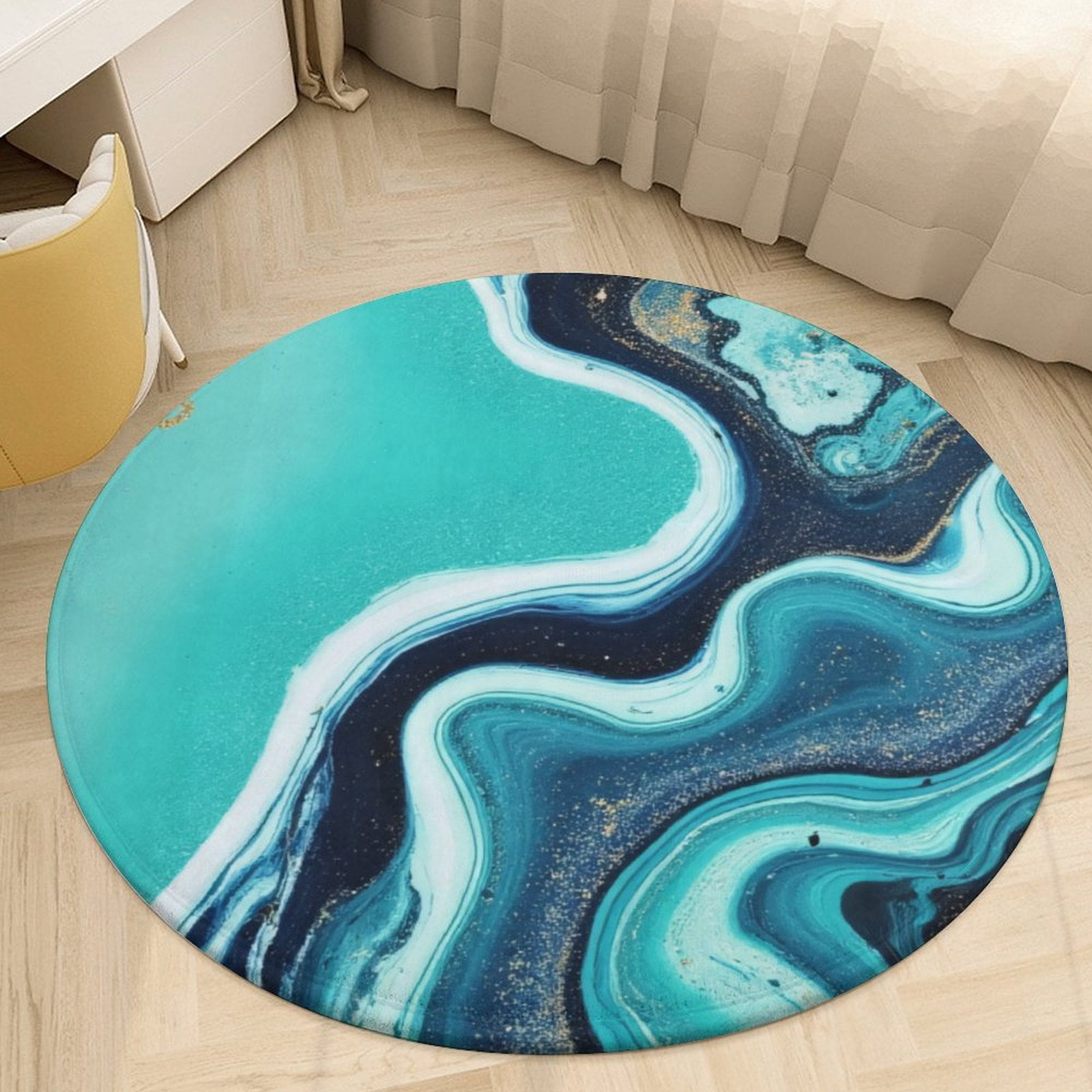 Marble Teal Gold Abstract Round Area Rugs for Bedroom Living Room, 6FT ...