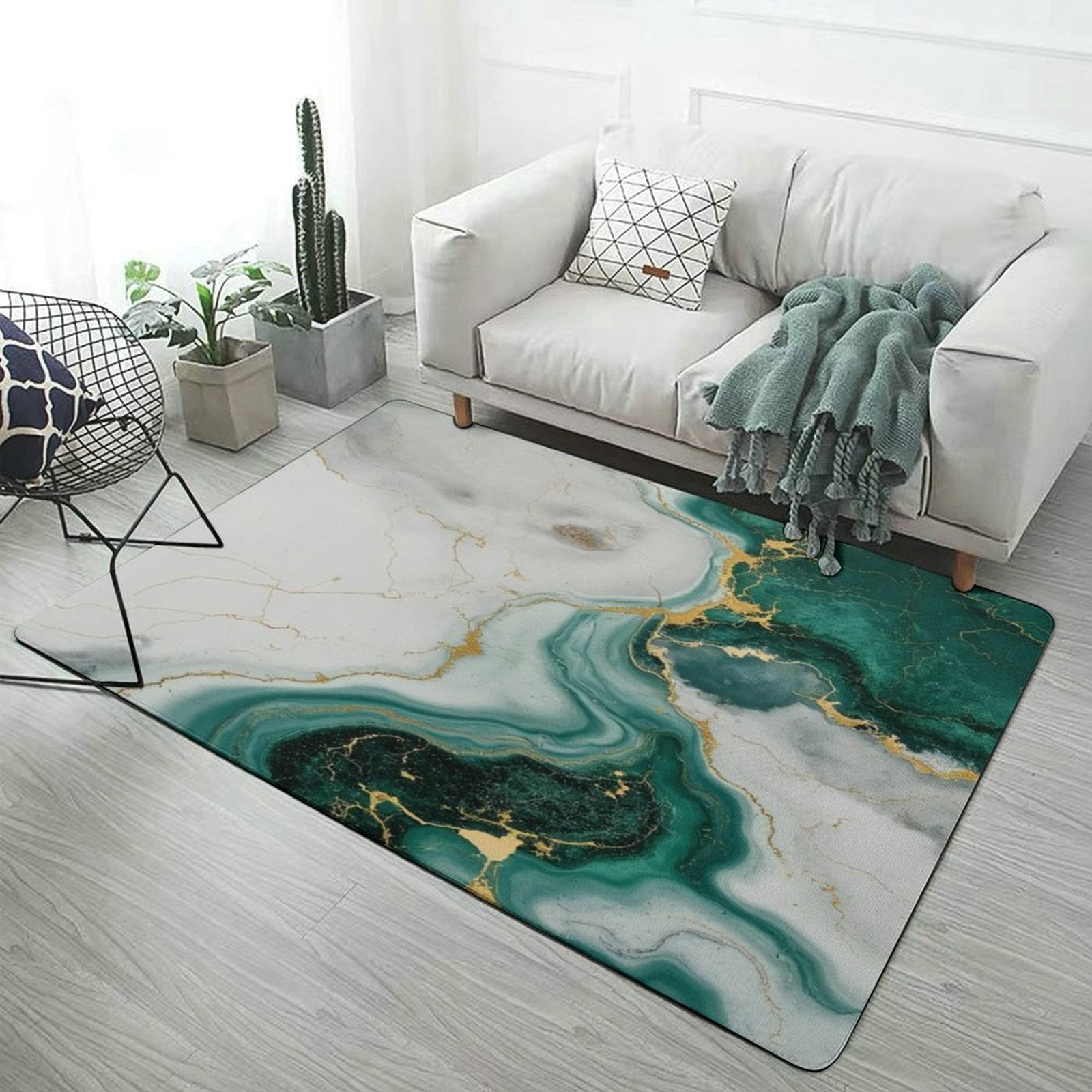 Marble Teal Gold Vein Art Carpet Style Living Room Bedroom Rug Soft ...