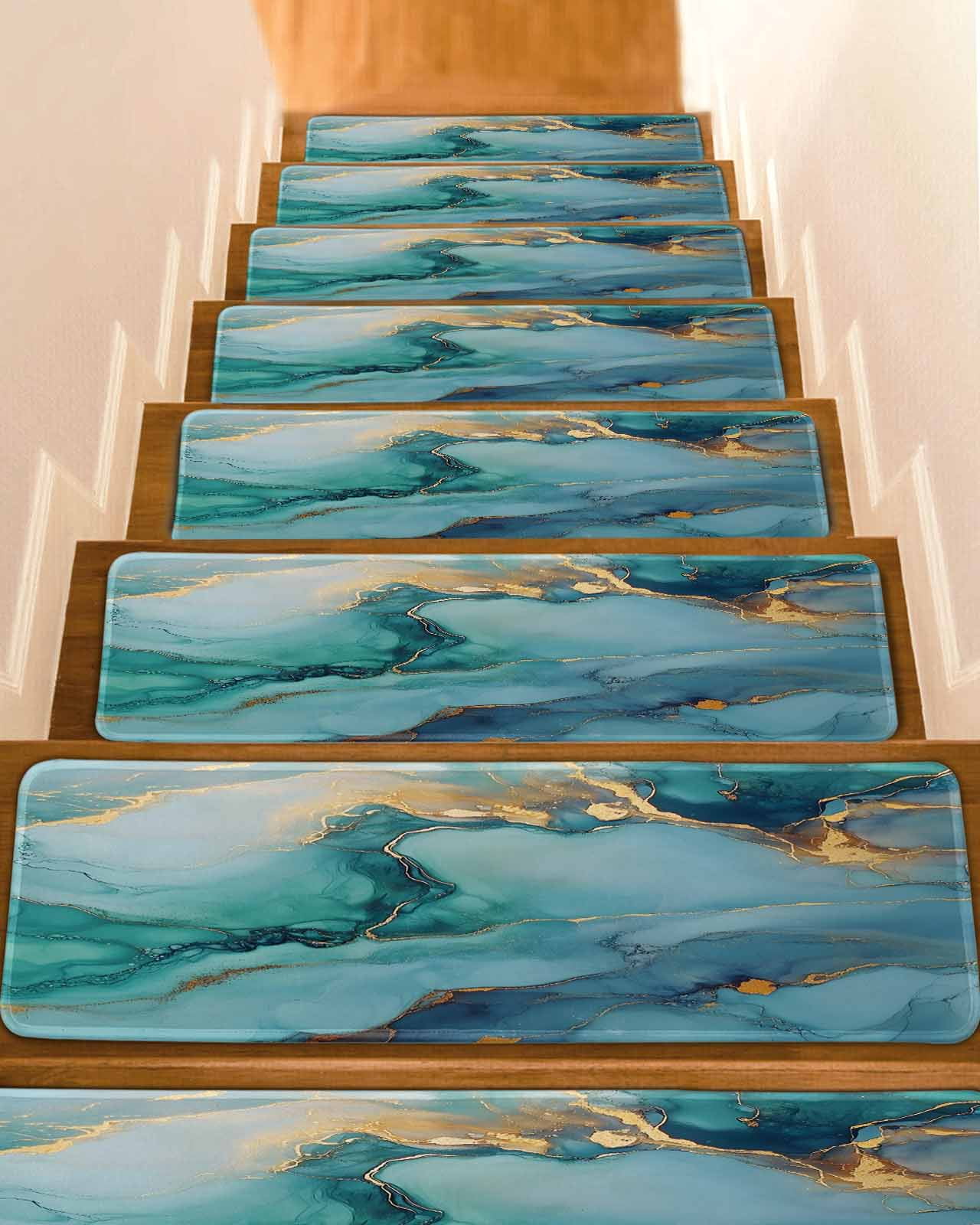 Marble Teal Non-Slip Stair Treads for Wooden Steps, 7 Pack-8x30in ...