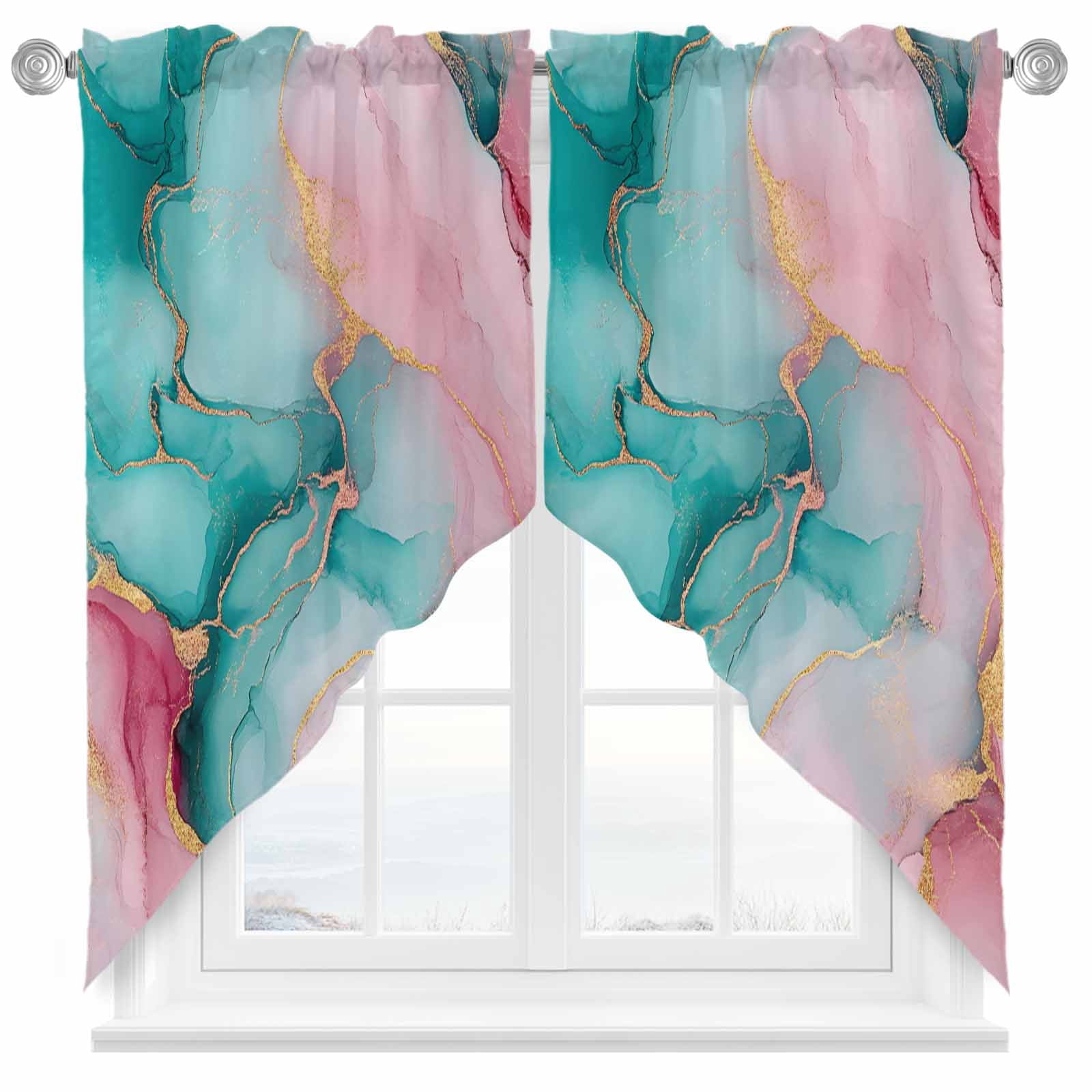 Marble Teal Swag Curtain Valance for Windows, Green Pink Abstract ...