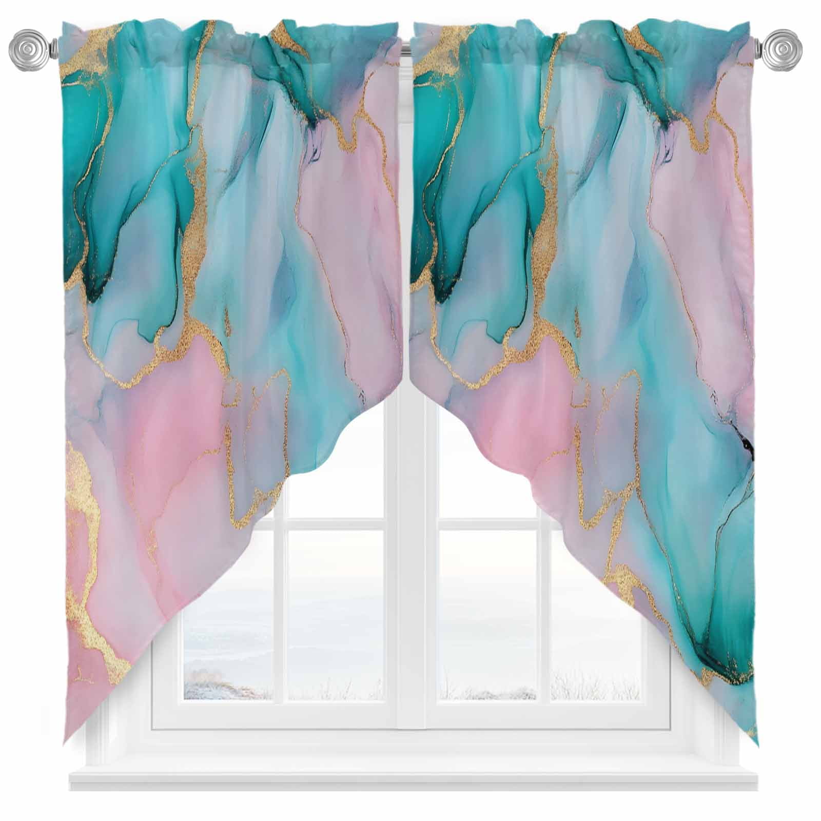 Marble Teal Swag Curtain Valance for Windows, Pink Abstract Stone ...