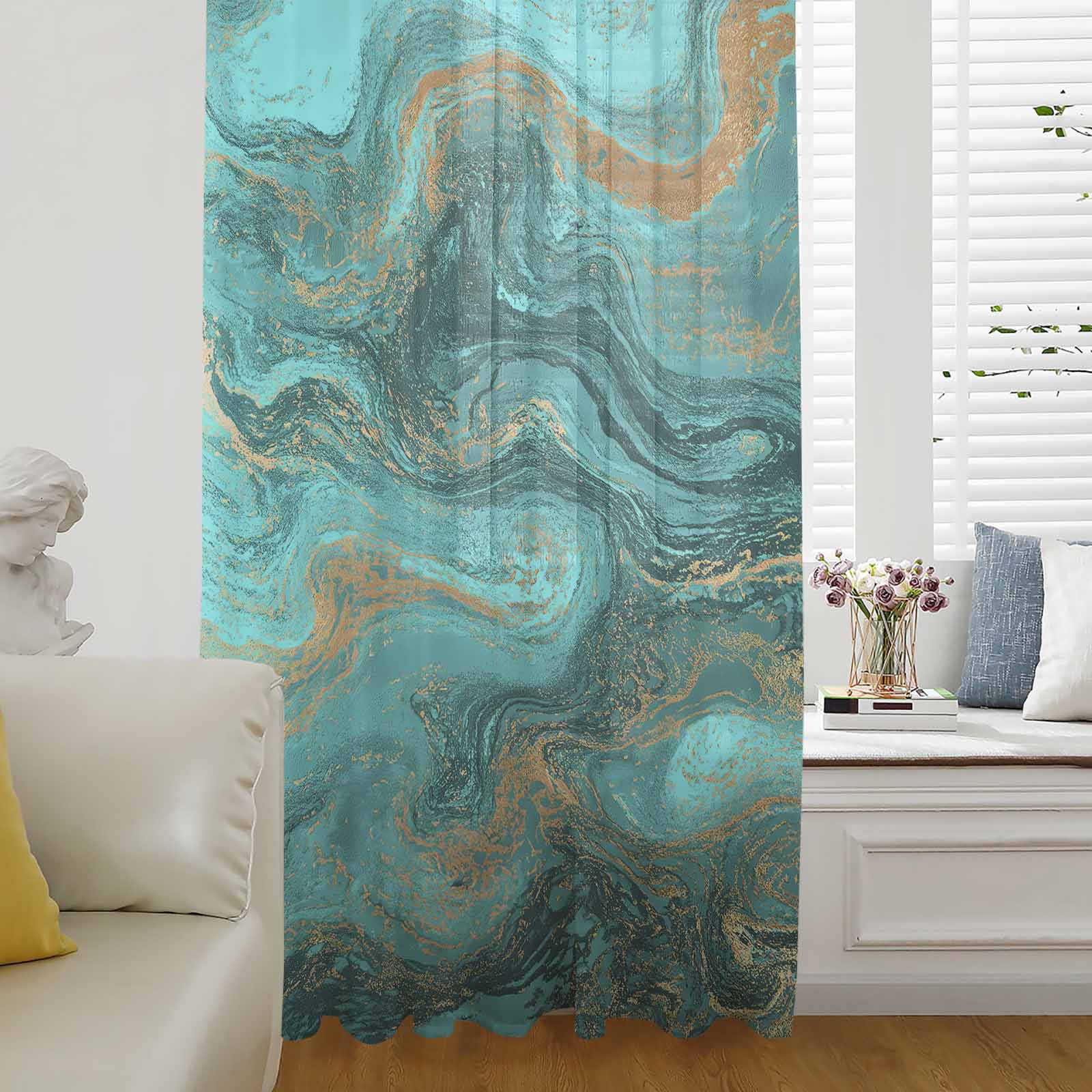 Marble Teal Window Curtain 63 Inches Long,Abstract Vintage Striped ...