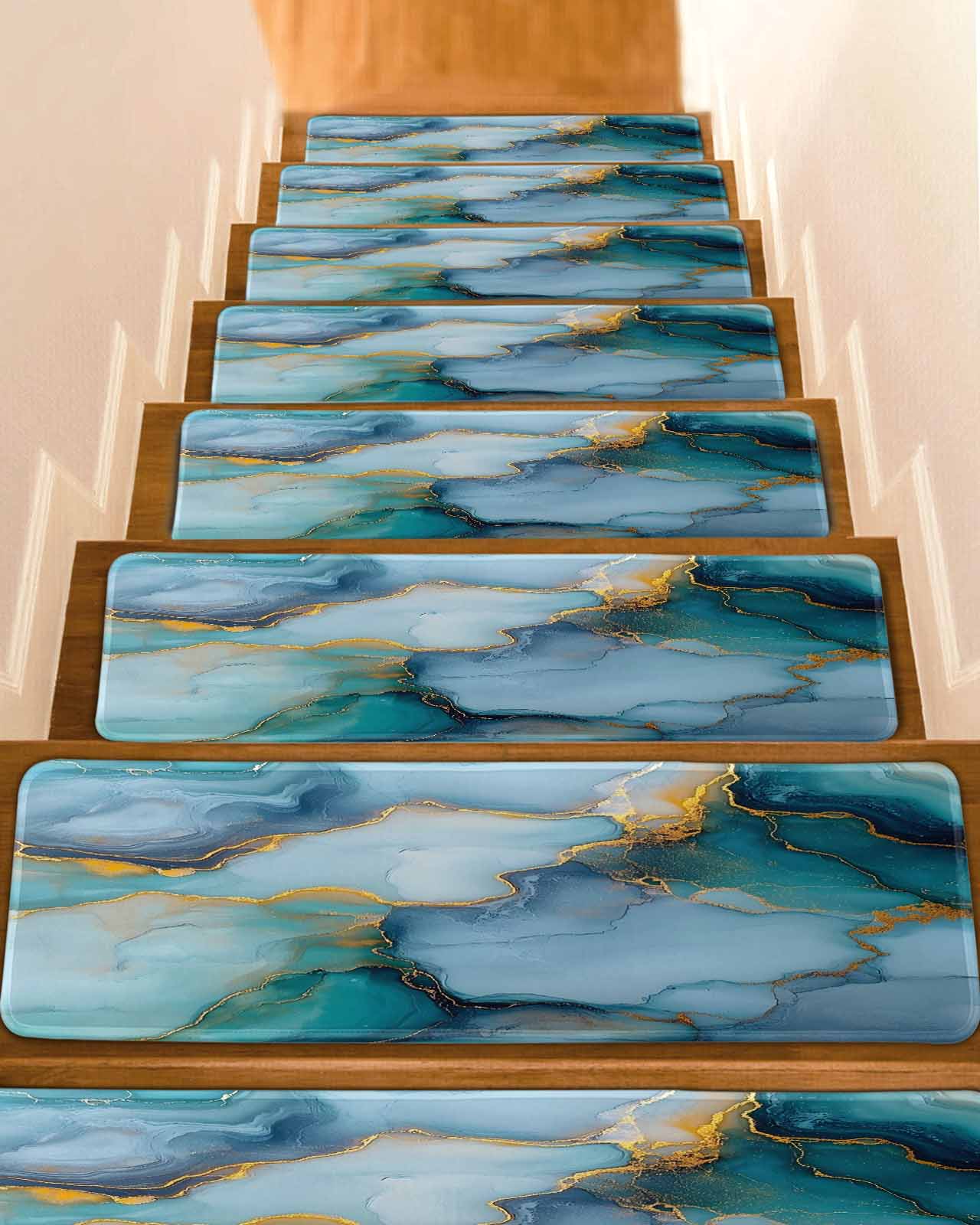 Marble Teal Yellow Non-Slip Stair Treads for Wooden Steps, 15 Pack ...