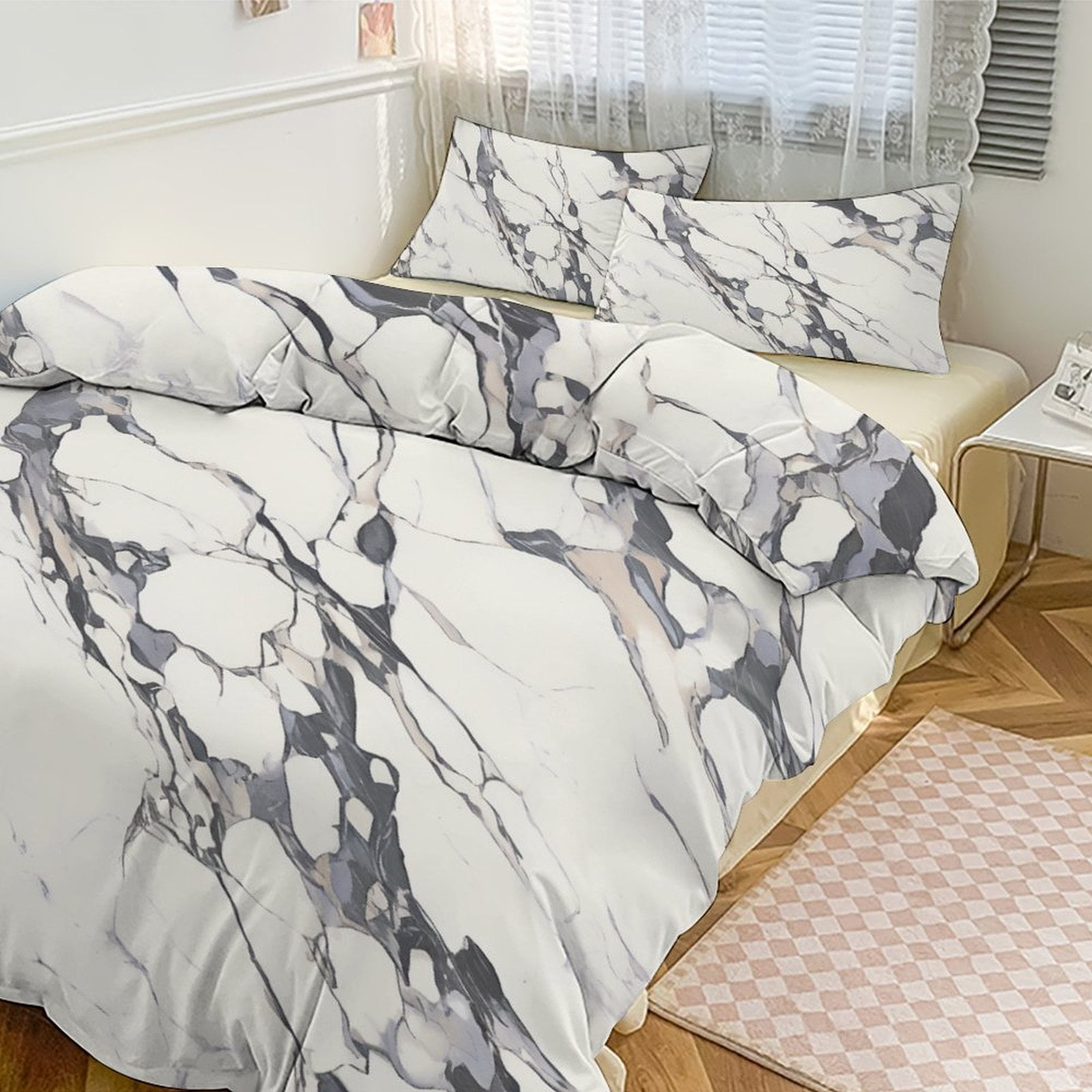 Marble Texture 90"x90" 3 Pcs Soft Bedding Set Includes 1 Duvet Cover with Zipper And 2 Pillow ...