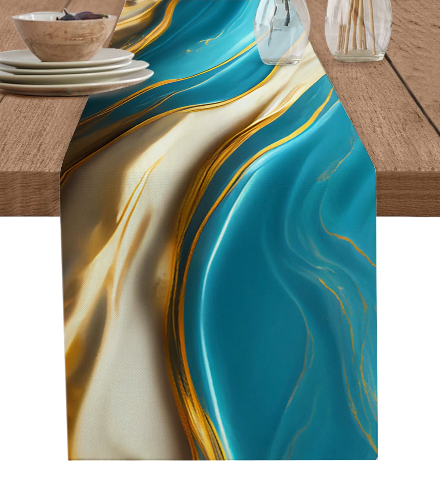 Marble Texture Aqua Table Runner Wedding r Table Cover Holiday Party ...